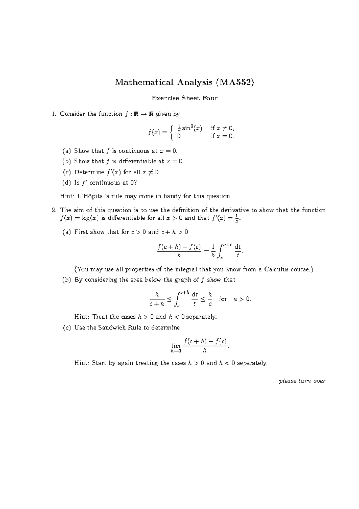 MA552 2010-2011 Exercise Sheet 4 - Mathematical Analysis (MA552 ...