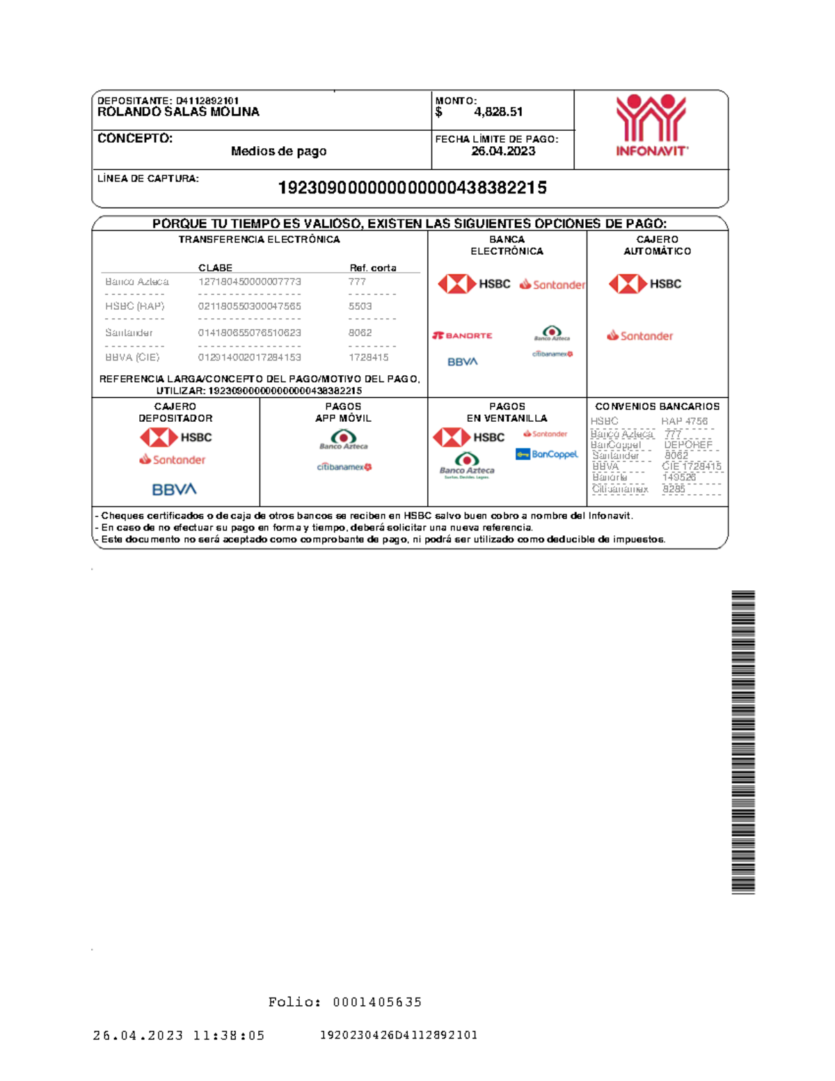 Formato PAGO Infonavit - Folio: 0001405635 1920230426D LÍNEA DE CAPTURA ...