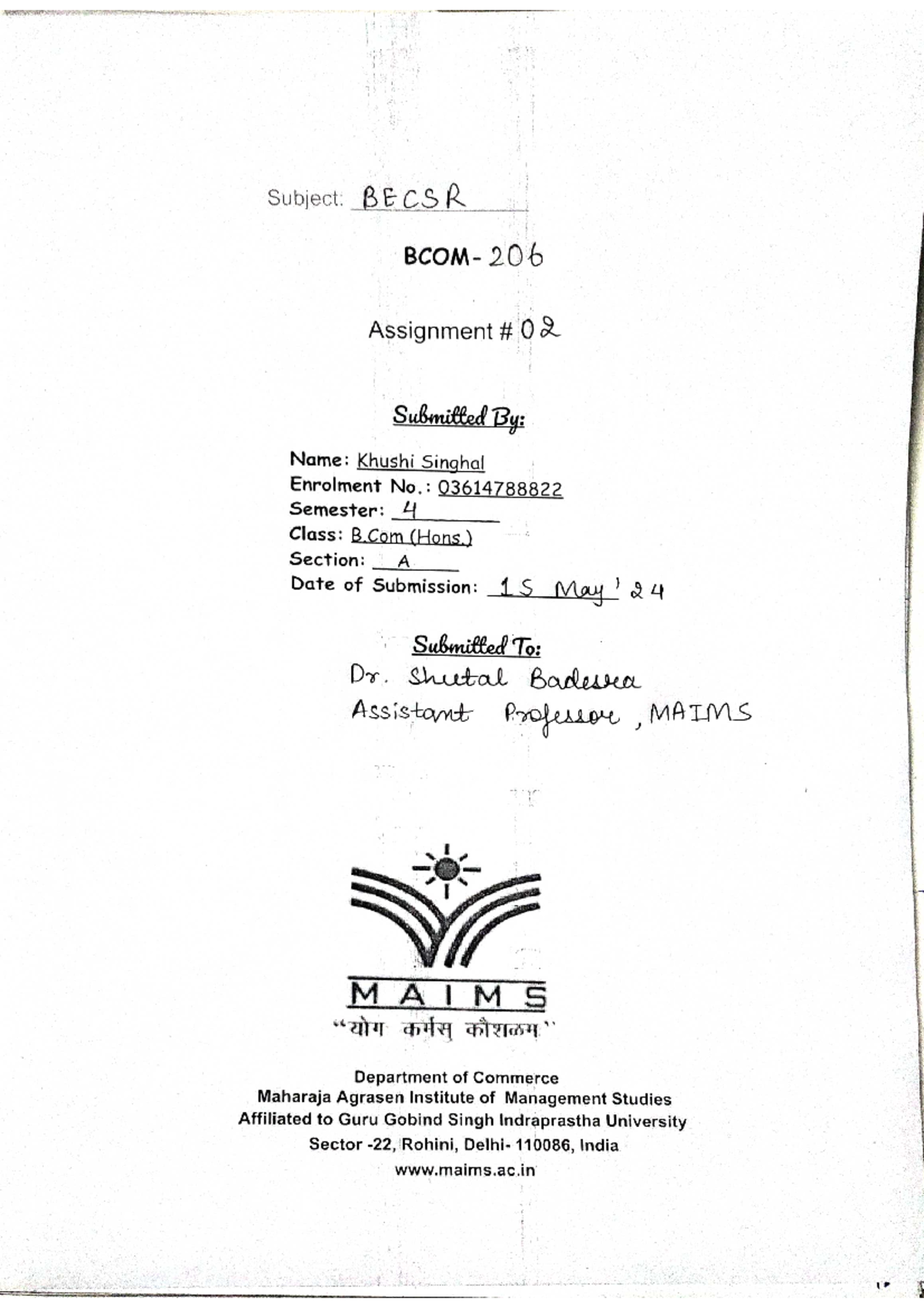 Becsr Assignment-02 - B.com(hons) - Studocu