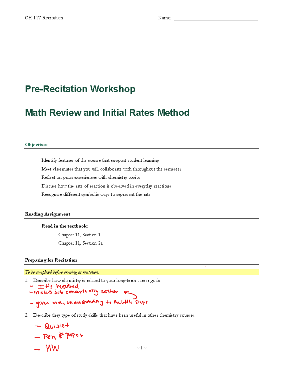 Chem 127 Recitation book - Pre-Recitation Workshop Math Review and ...