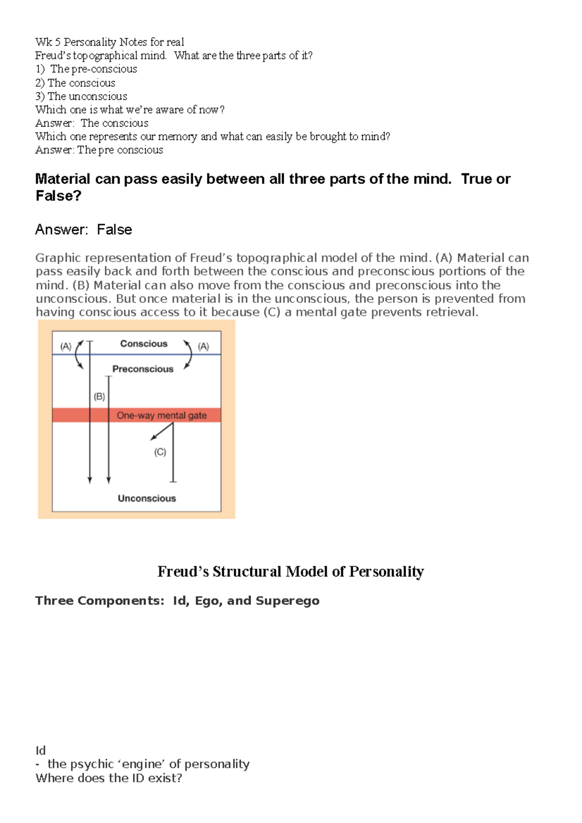 Week 5 Personality Notes - Freud's topographical mind model - Wk 5 ...
