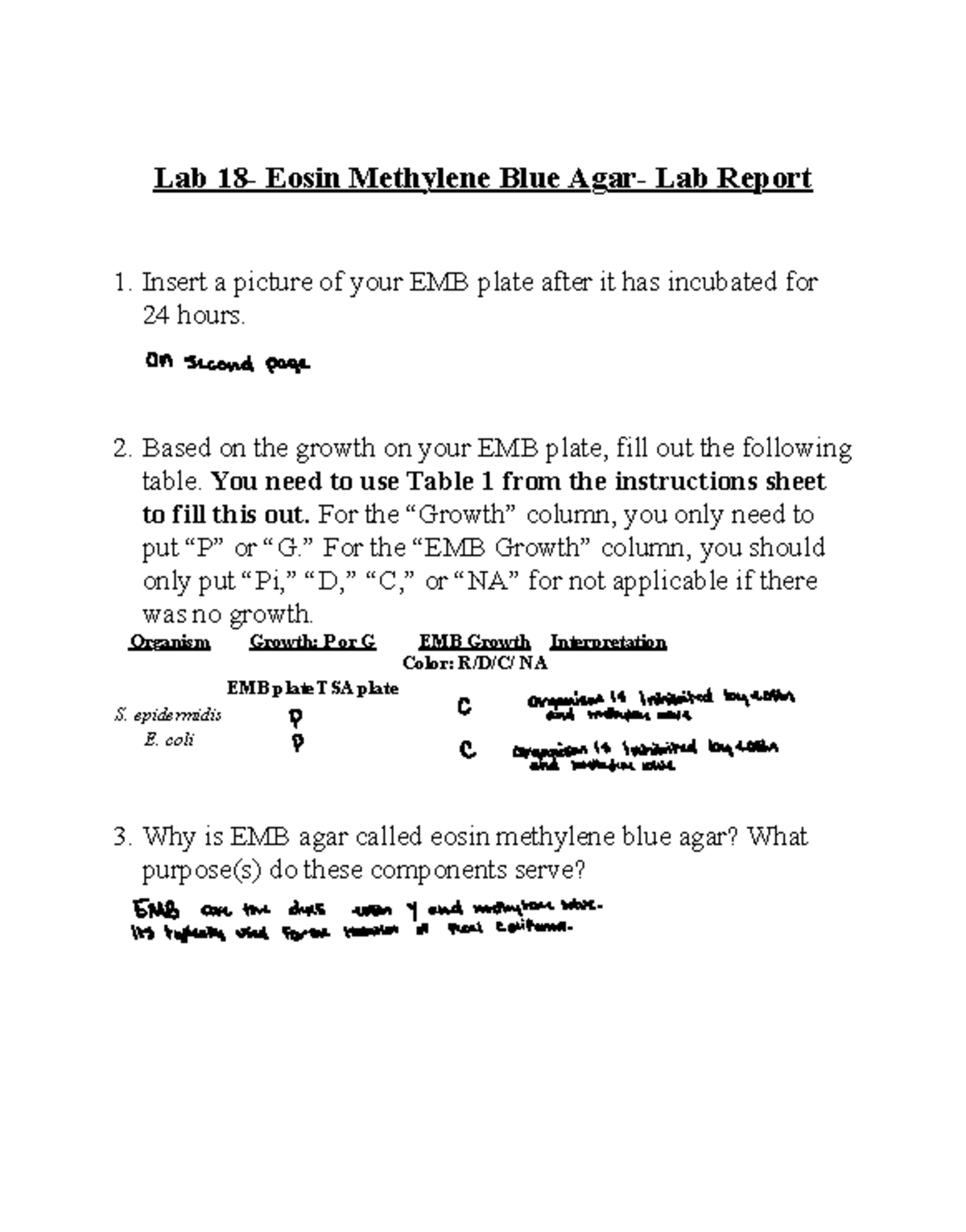 Lab 18- Eosin Methylene Blue Agar- Lab Report - Insert a picture of ...
