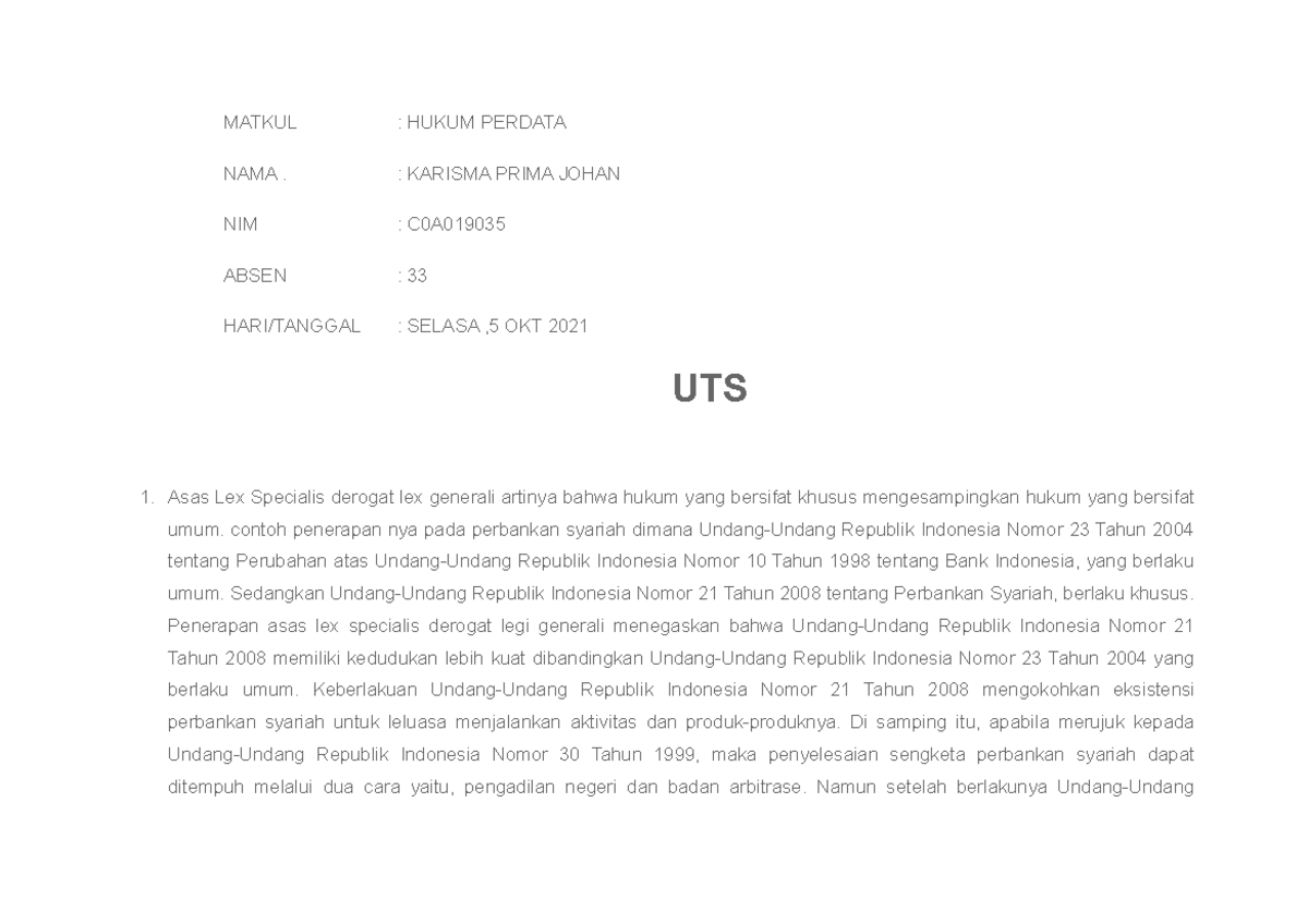Uts Hukum Perdata karisma prima C0A019035 - Politics - Studocu