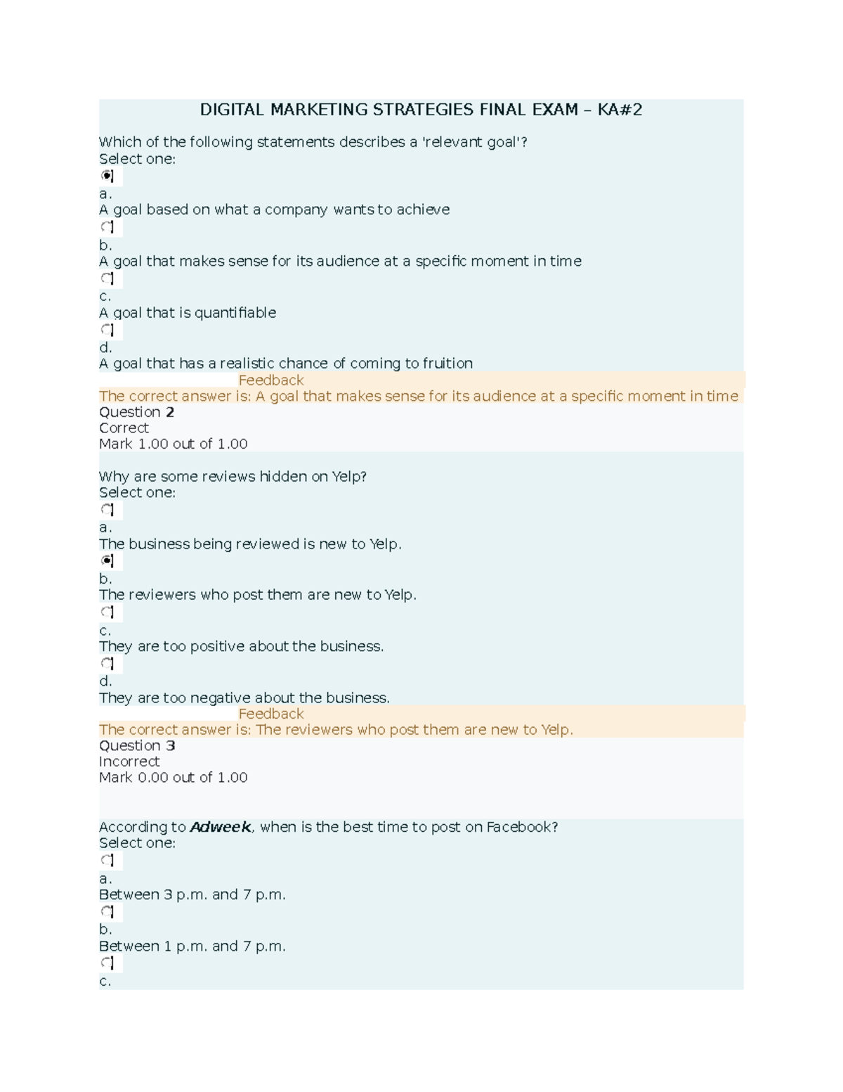 KA#2 - Exam 2 - DIGITAL MARKETING STRATEGIES FINAL EXAM – KA# Which of ...
