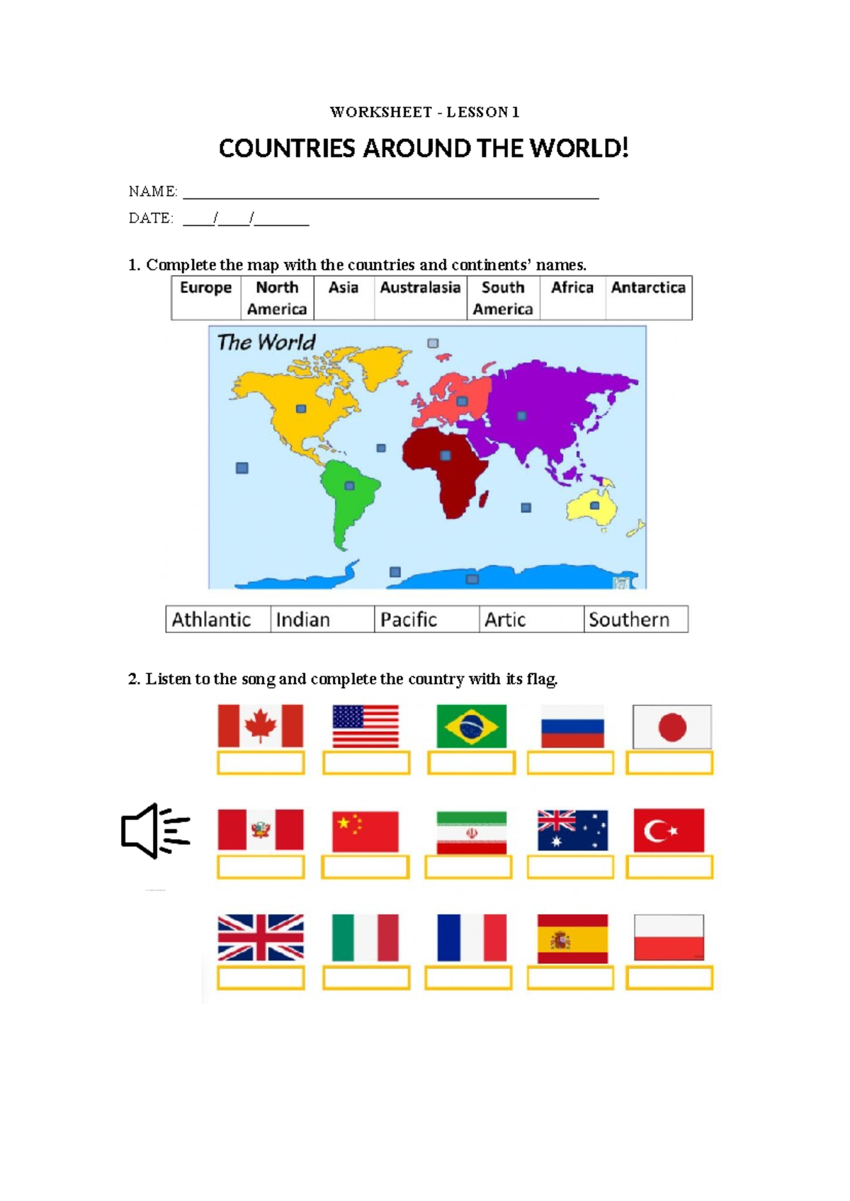Worksheets Lessons 1 AND 2 - WORKSHEET - LESSON 1 COUNTRIES AROUND THE ...