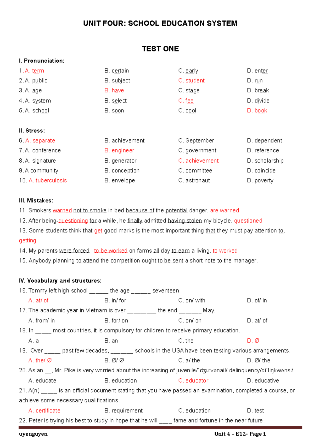 Unit4 - 12coban - anh - UNIT FOUR: SCHOOL EDUCATION SYSTEM TEST ONE I ...