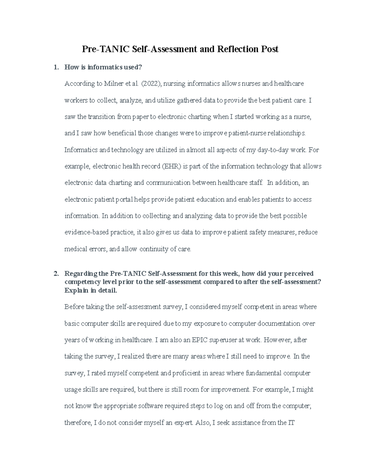 Reflection Post-graded - Pre-TANIC Self-Assessment and Reflection Post ...