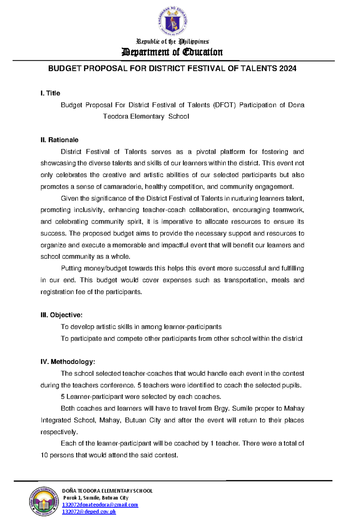 Budget-Proposal for District FOT - Republic of the Philippines ...