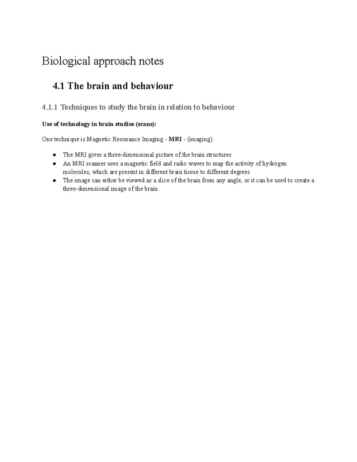 BIO approach notes - bio - Biological approach notes 4 The brain and ...