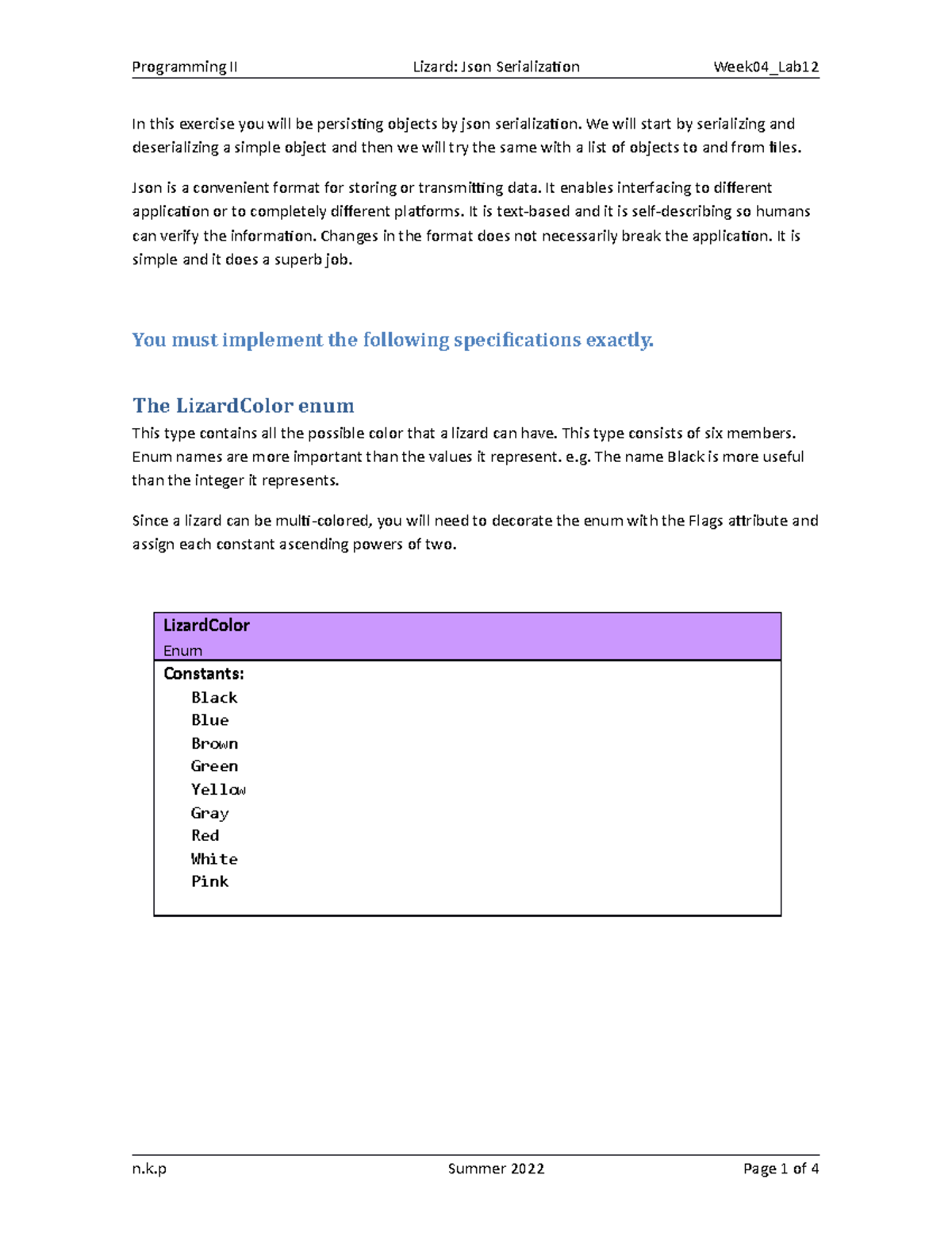 Week 04 Lab 10 Lizard S In This Exercise You Will Be Persisting Objects By Json Serialization