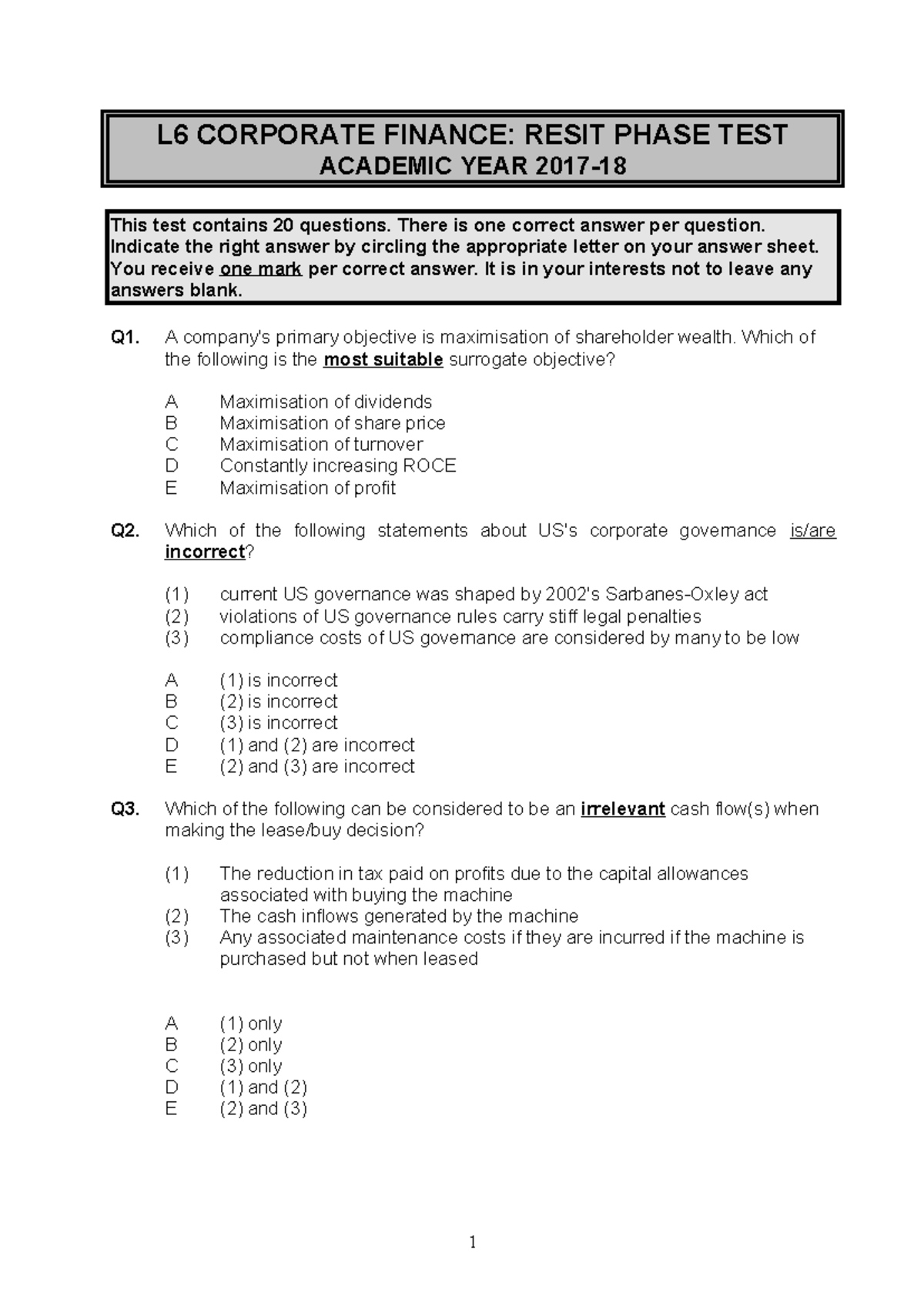 Corporate Finance Phase Test Bots Resit 2017-18 - L6 CORPORATE FINANCE ...