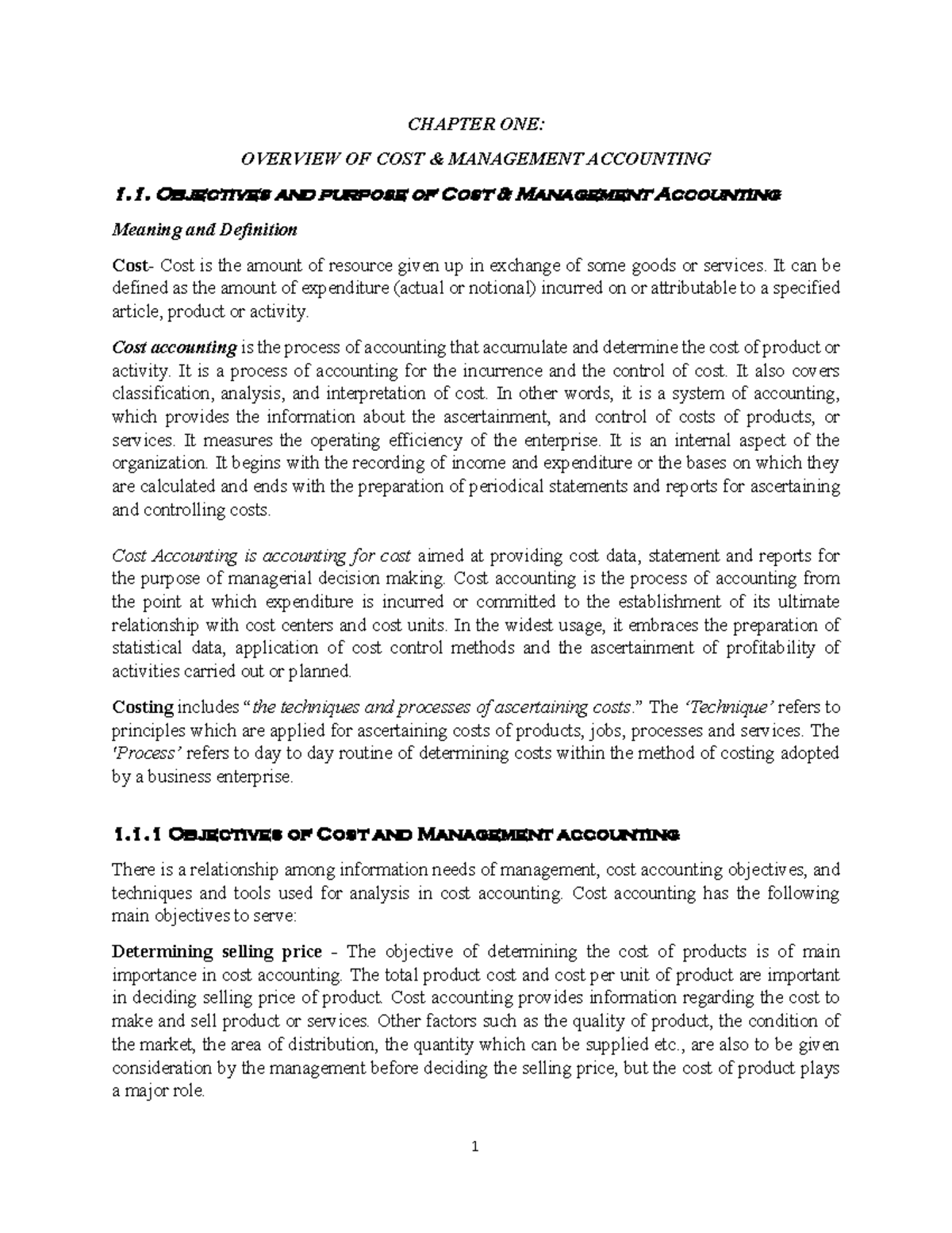 Cost I Chap- 1 - It's good - CHAPTER ONE: OVERVIEW OF COST & MANAGEMENT ...
