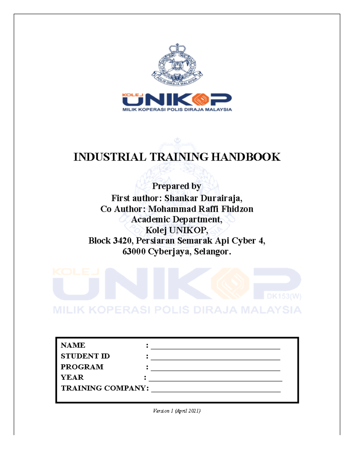 Unikop Industrial Training Handbook INTERSHIP - INDUSTRIAL TRAINING ...