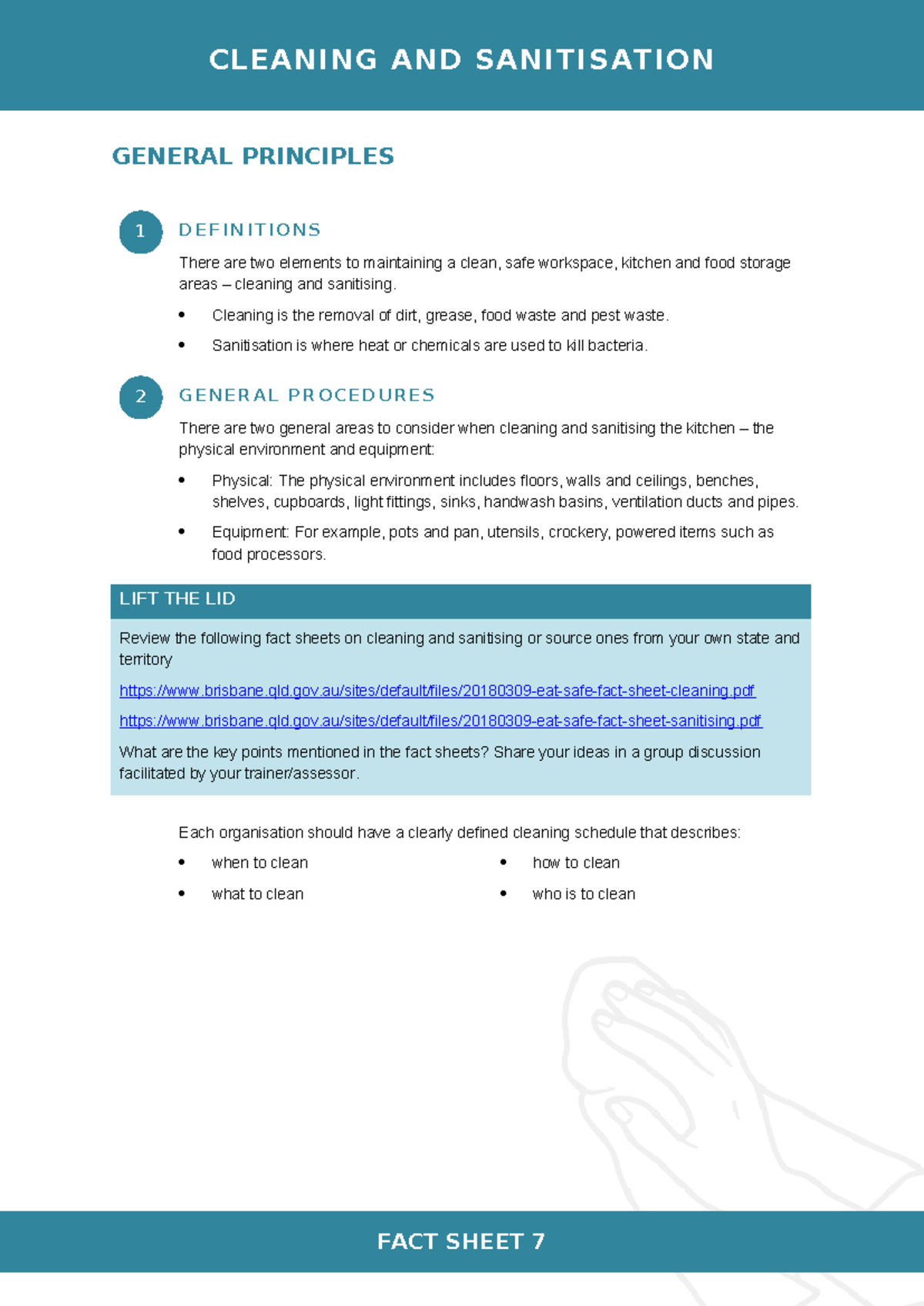 Fact Sheet 7 - Cleaning and sanitisation Student - GENERAL PRINCIPLES D ...