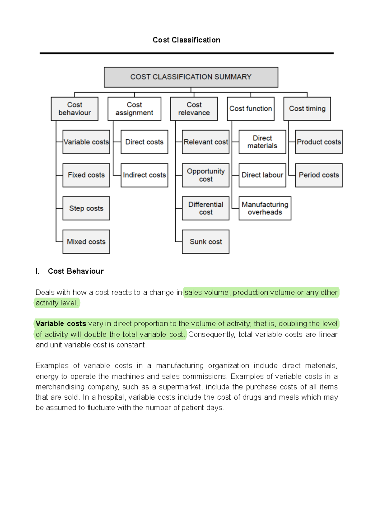 Cost classification v2 - Cost Classification I. Cost Behaviour Deals ...