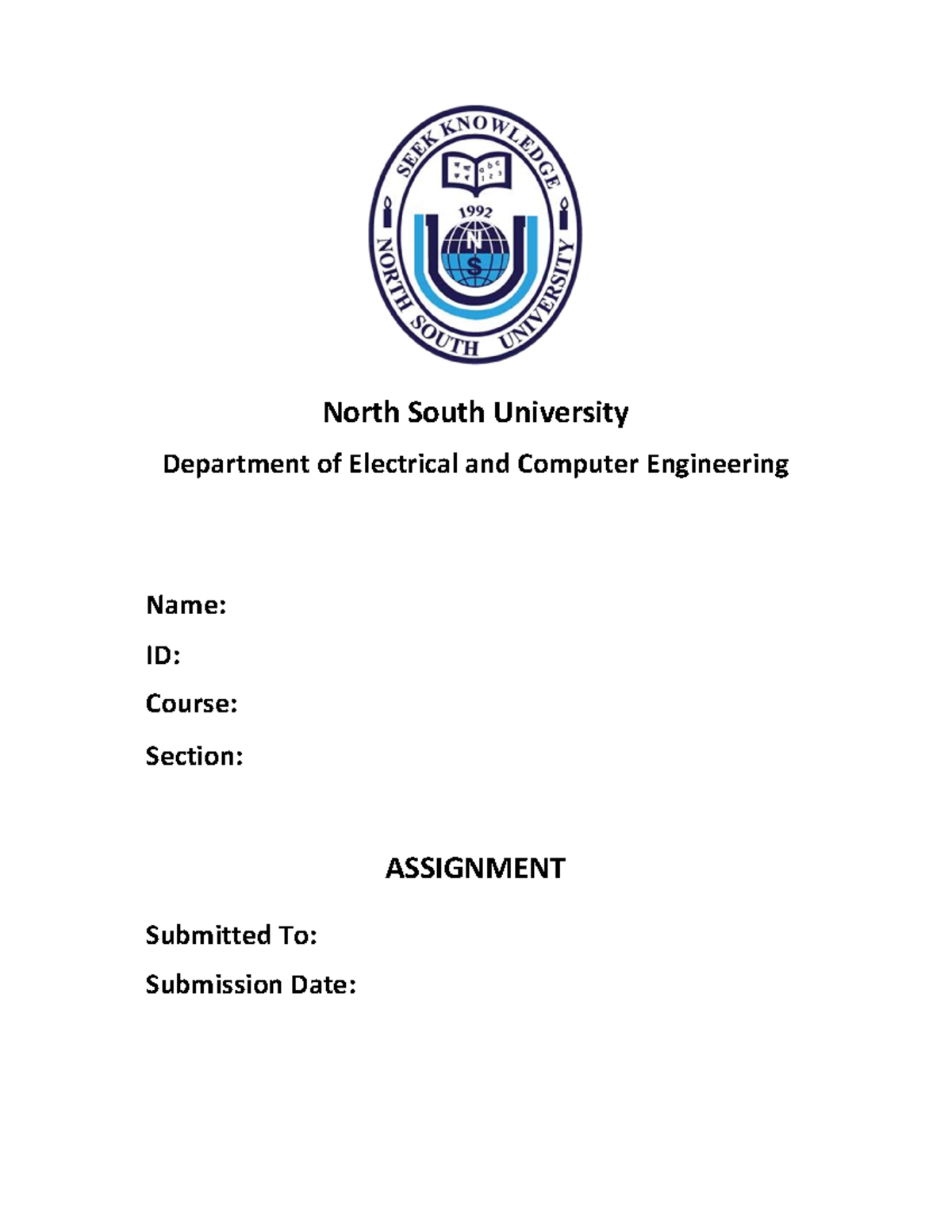 Assignment Cover Page - Introduction to Composition - North South ...
