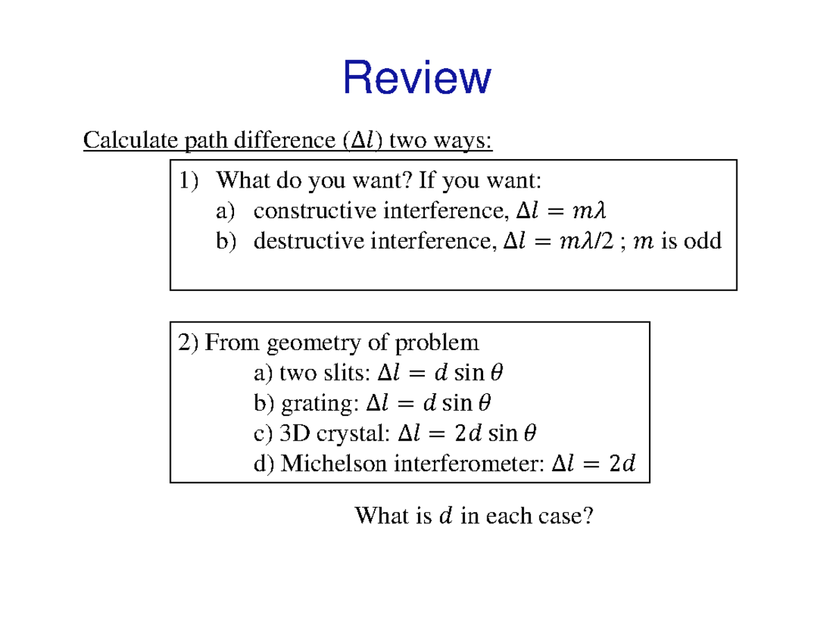 Interference and Diffraction S19 Lect7 - Review Calculate path ...