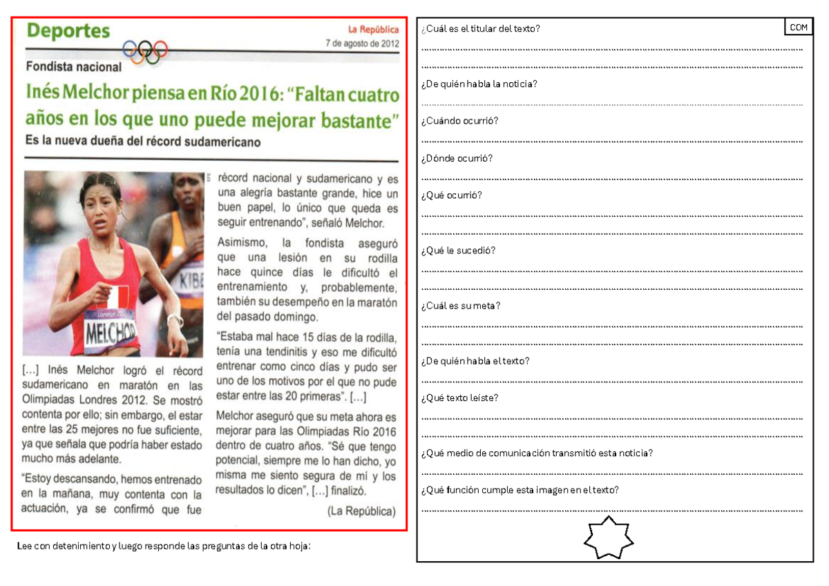 Ficha COM - 22 Agosto - Leemos UNA Noticia - Lee con detenimiento y ...