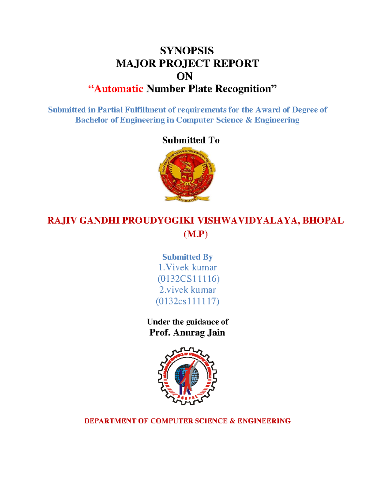 Synopsis report - SYNOPSIS MAJOR PROJECT REPORT ON “Automatic Number Plate Recognition ...