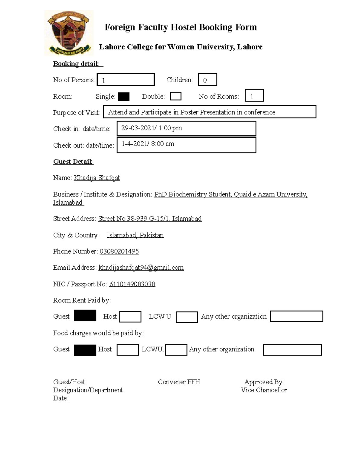 Hostel Performa-Daily guests - Foreign Faculty Hostel Booking Form ...