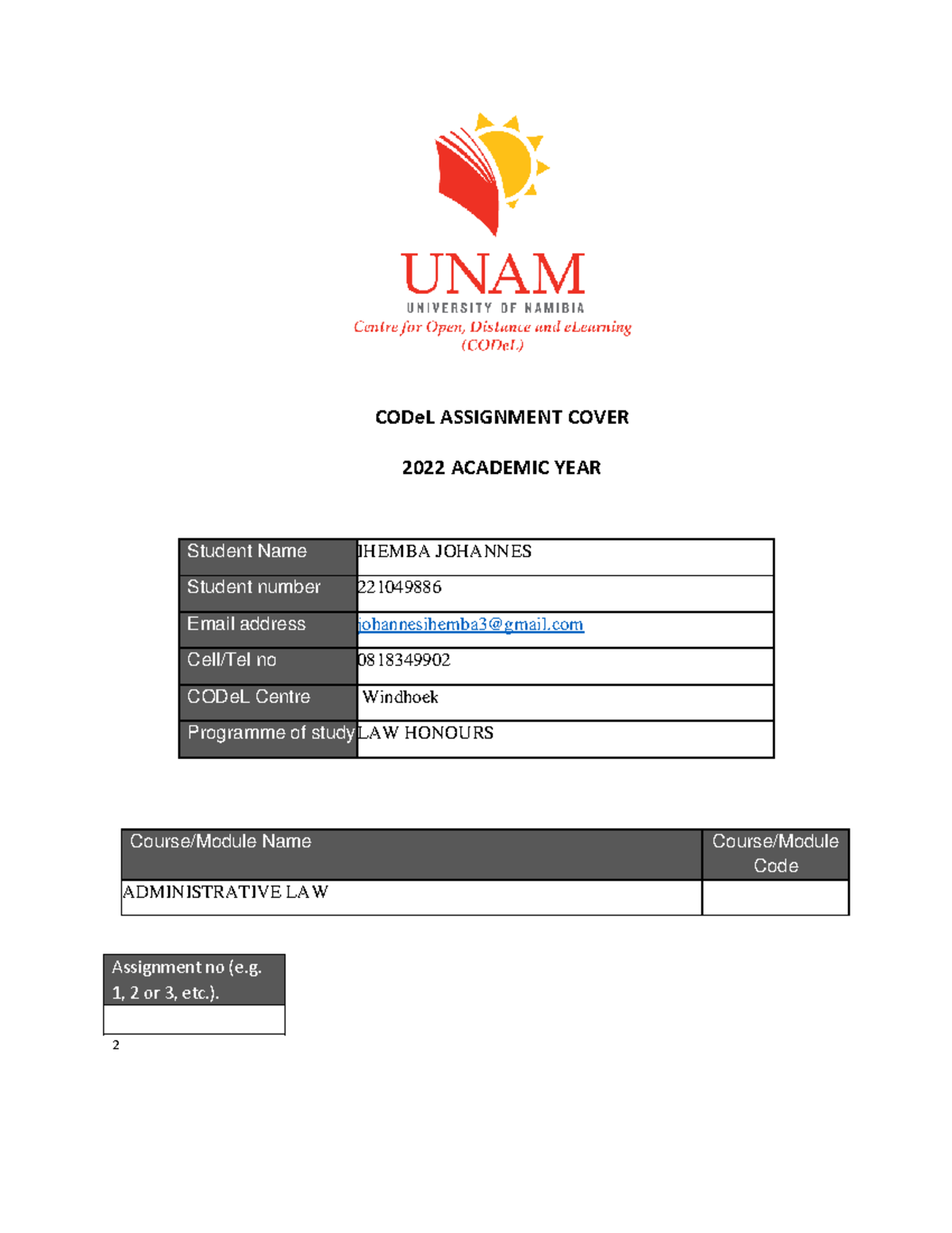 Assignment 2 - CODeL ASSIGNMENT COVER 2022 ACADEMIC YEAR Course/Module ...