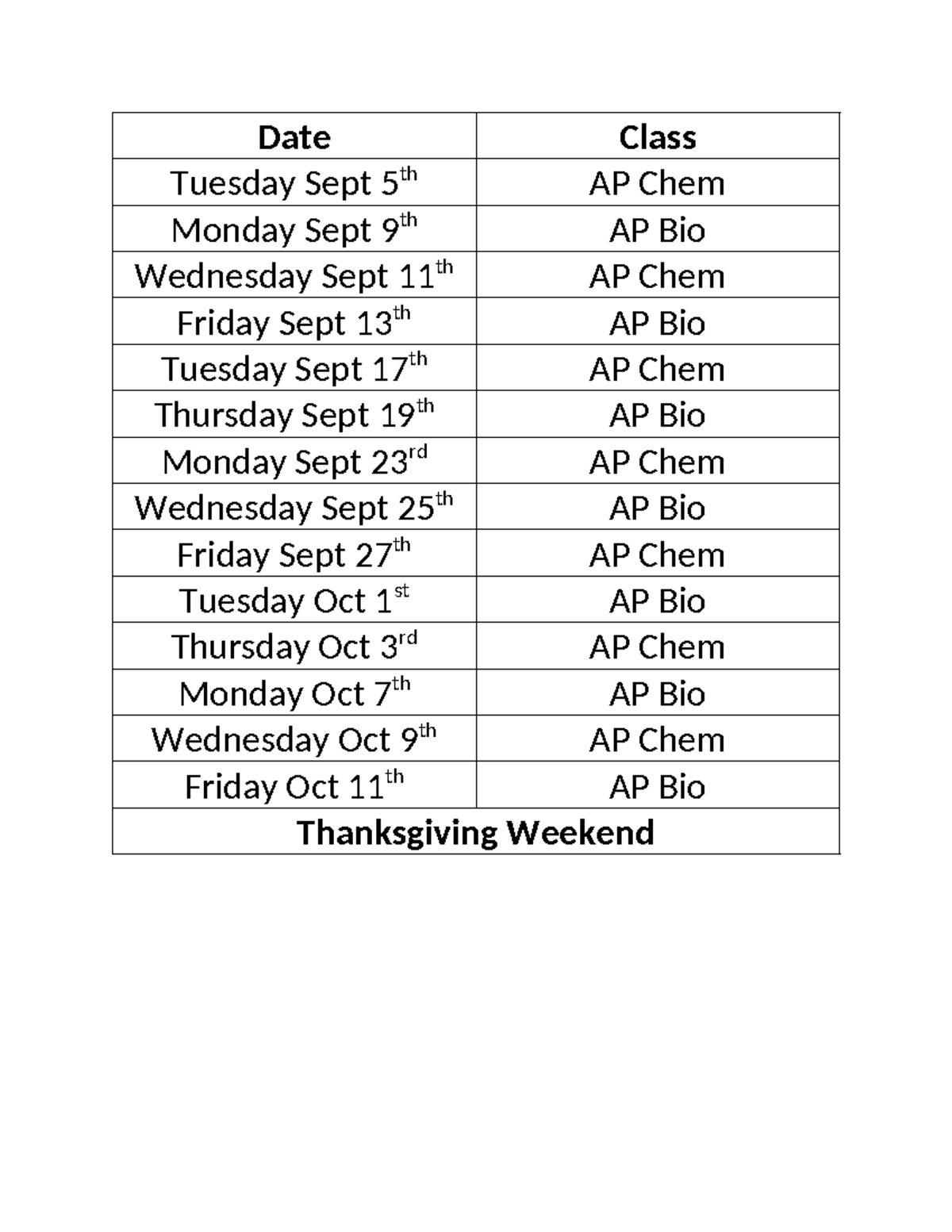 Ap tutorial schedule - notes ap - BIOL 1110 - Date Class Tuesday Sept 5 ...