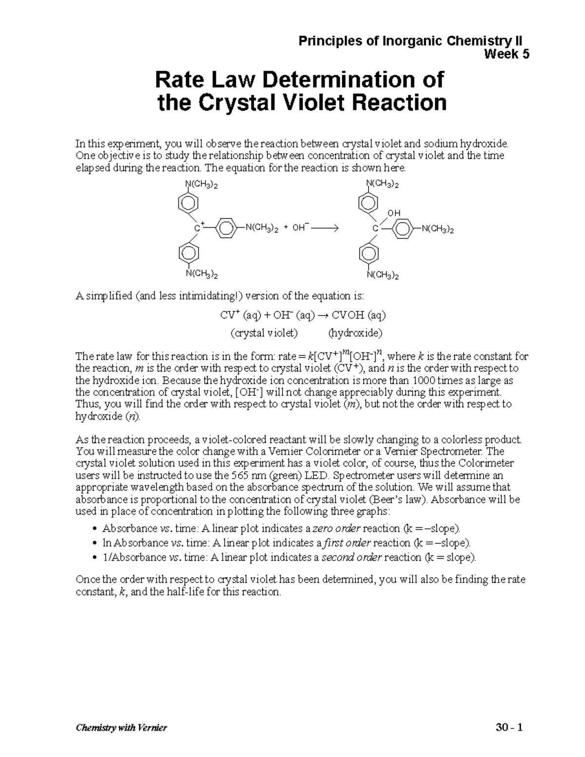 Week 5 Rate Crystal Violet - Principles of Inorganic Chemistry II Week ...