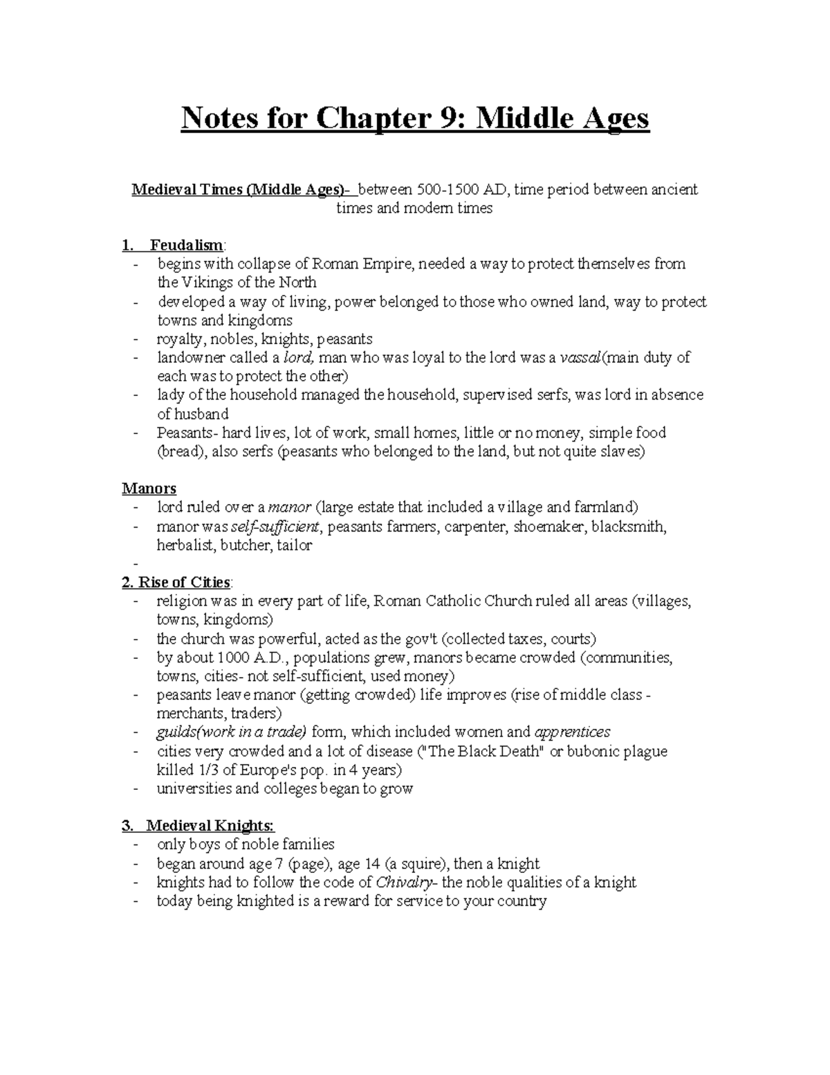 Notes for Chapter 9-Middle Ages - Notes for Chapter 9: Middle Ages ...