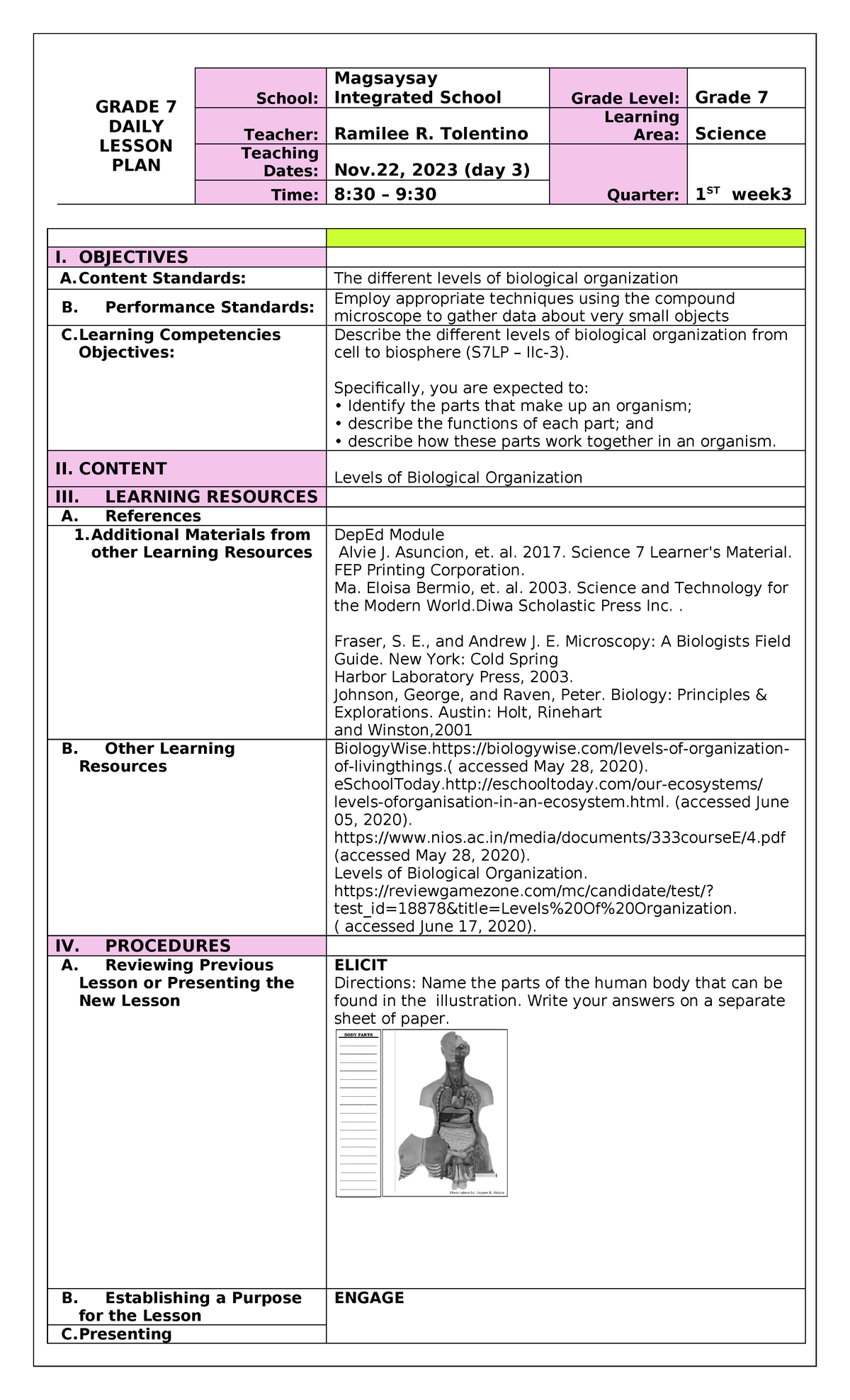 2ND Quarter NOV,22 DAY 3 - GRADE 7 DAILY LESSON PLAN School: Magsaysay ...