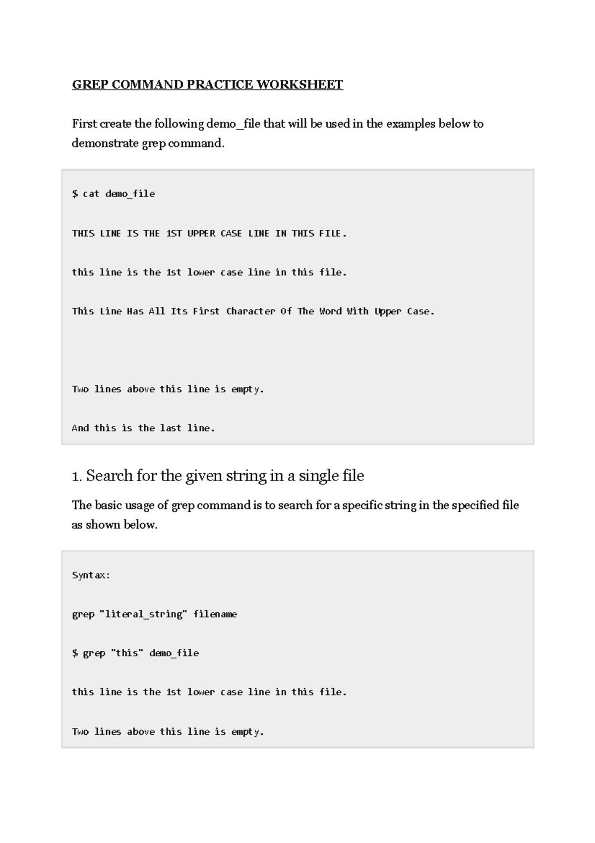 GREP Command Practice Worksheet - GREP COMMAND PRACTICE WORKSHEET First ...