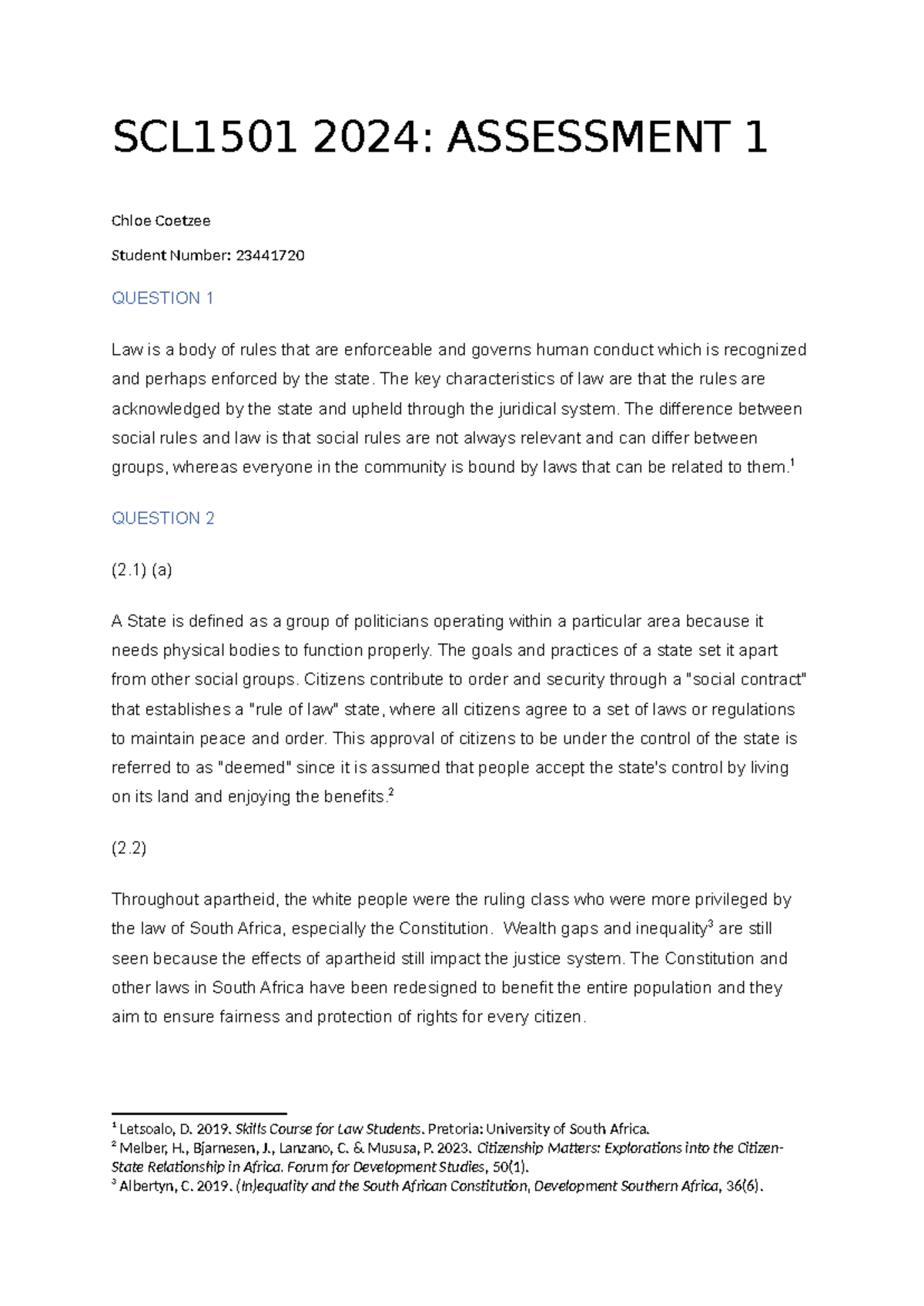 SCL1501 2024 - SCL1501 2024: ASSESSMENT 1 Chloe Coetzee Student Number ...