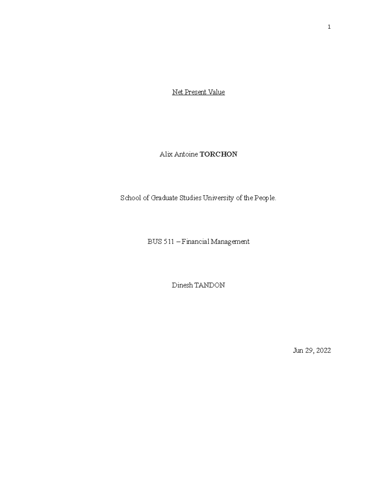 Unit 2 Written assignment 2 - Net Present Value Alix Antoine TORCHON ...