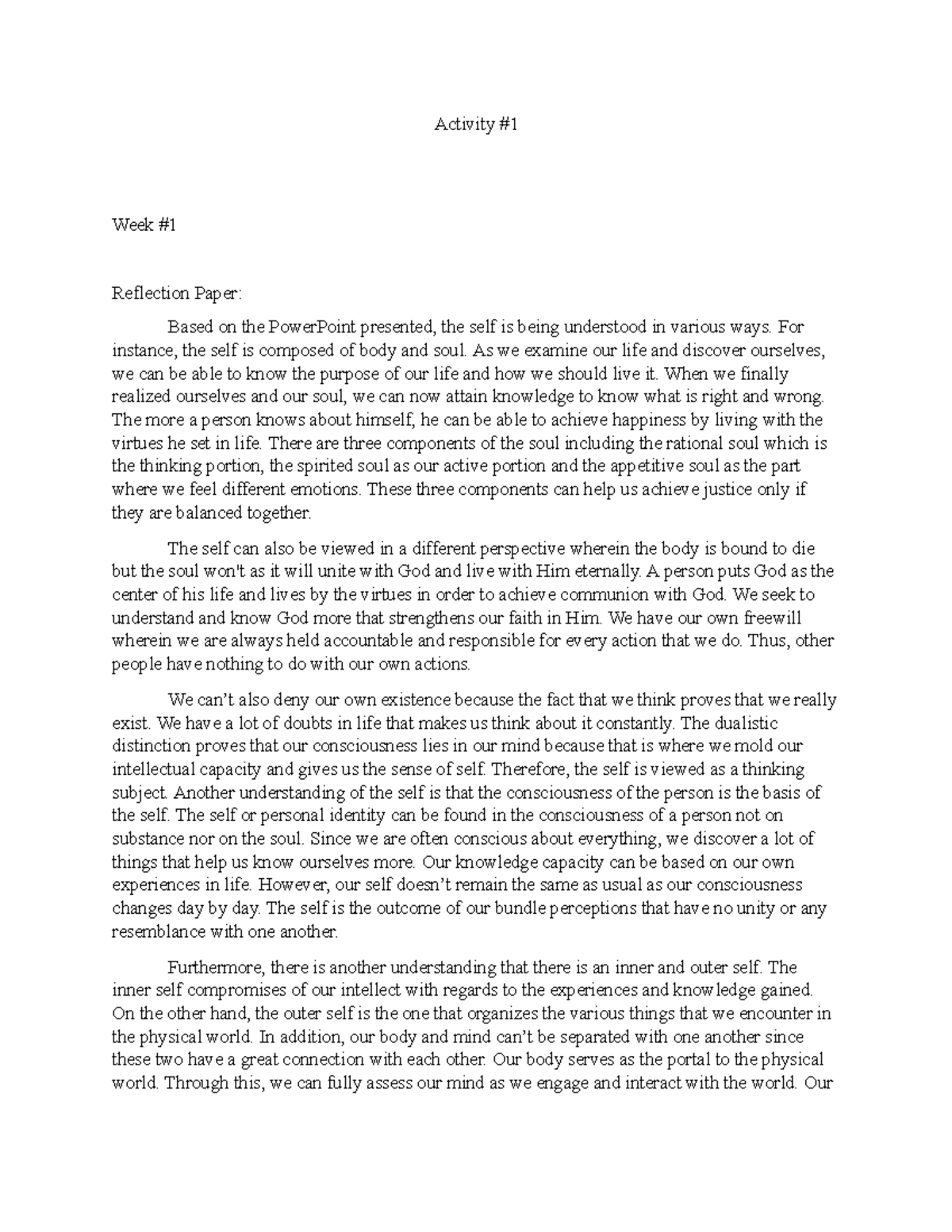 Activity #1 - Activity # Week # Reflection Paper: Based on the ...