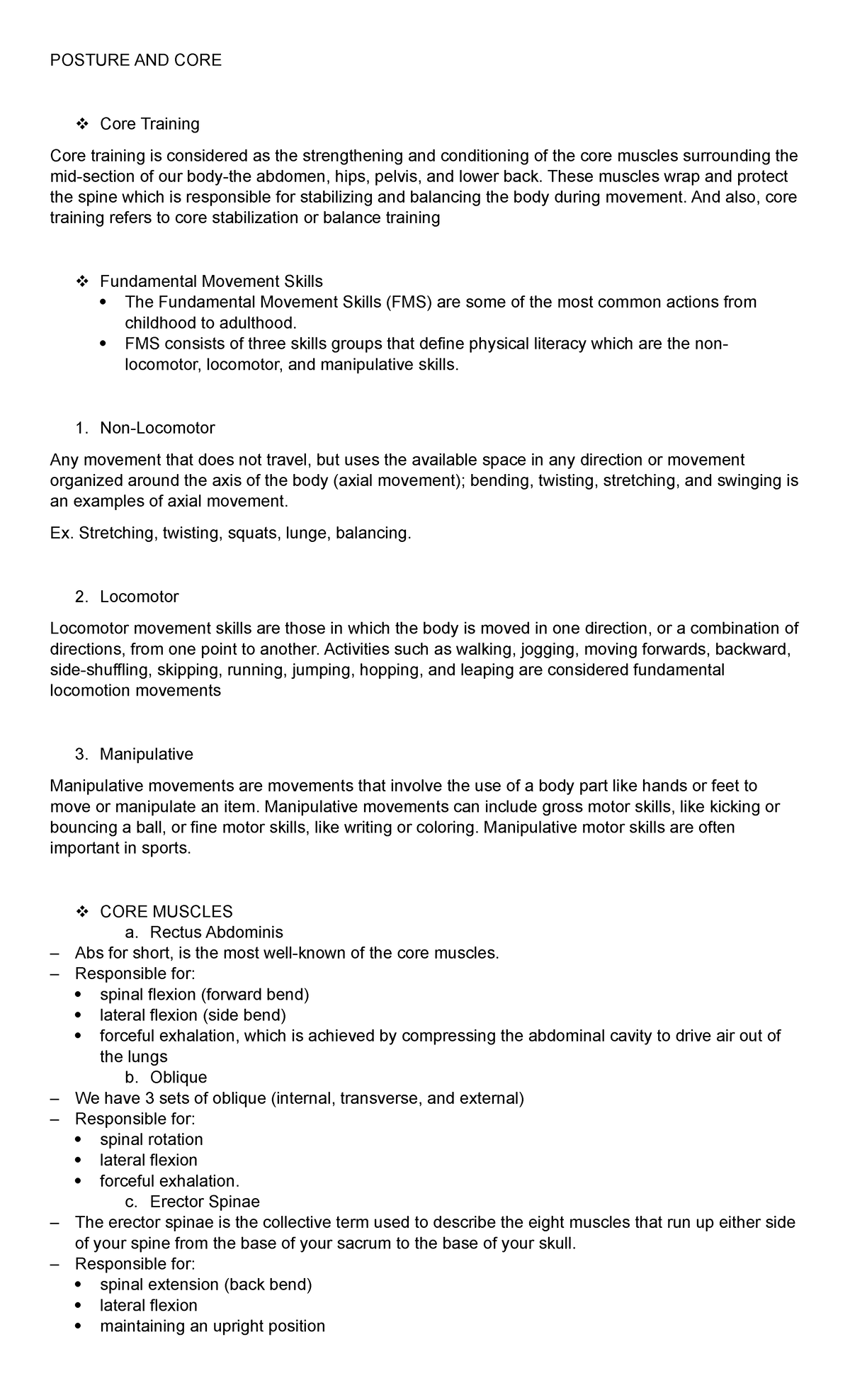 Pathfit 1st sem - notes - POSTURE AND CORE Core Training Core training ...
