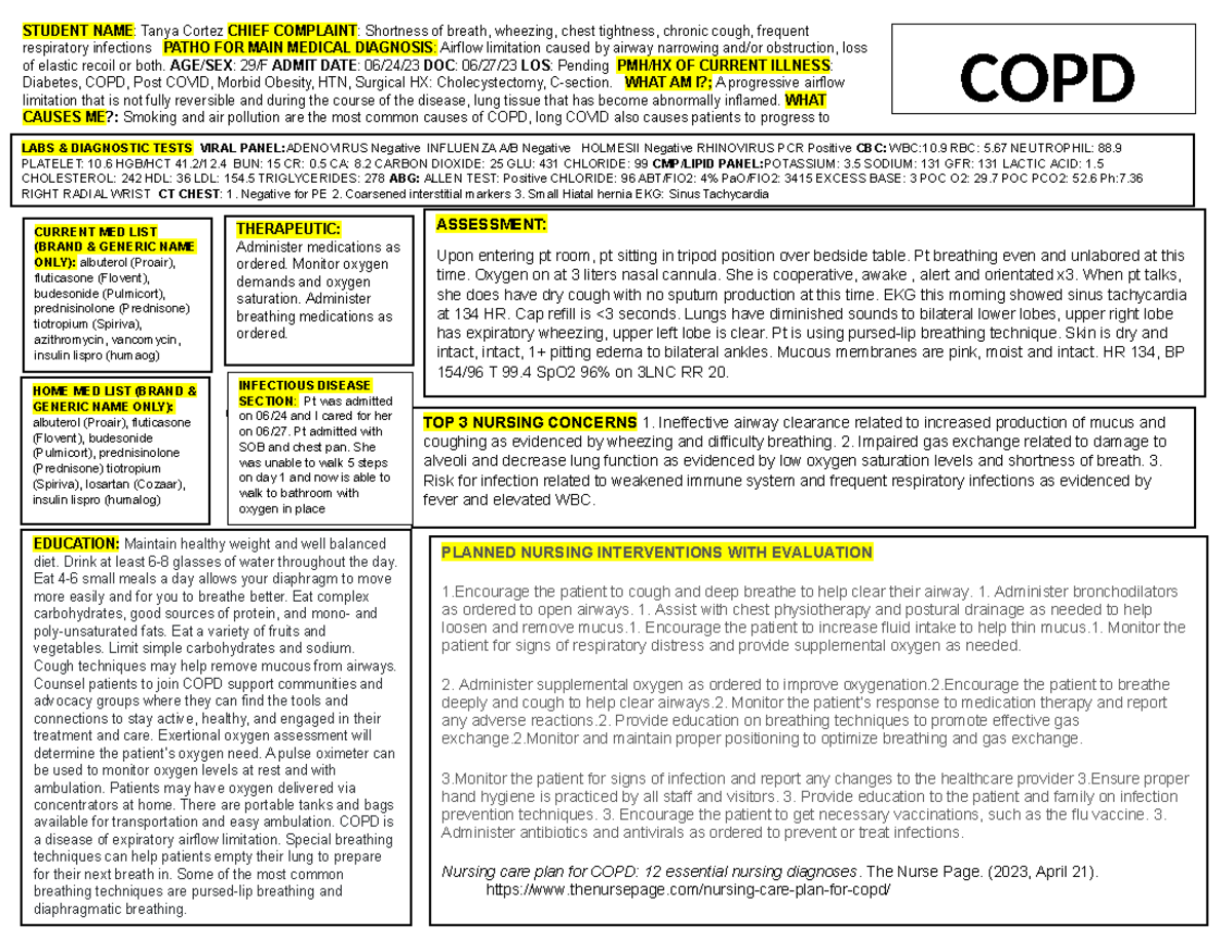 COPD Concept MAP - STUDENT NAME: Tanya Cortez CHIEF COMPLAINT: Shortness of breath, wheezing ...
