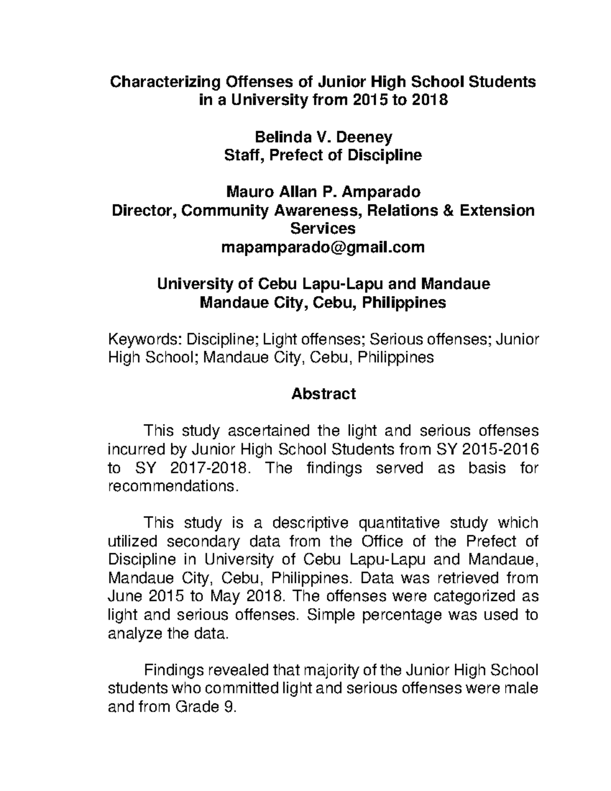 Junior HIGH School - hope it helps - Characterizing Offenses of Junior ...