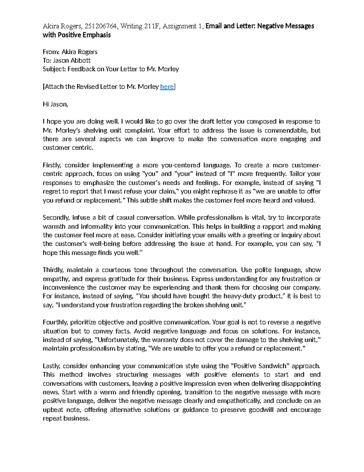 Writing 211F, Assignment 1, Email and Letter,Negative Messages with ...