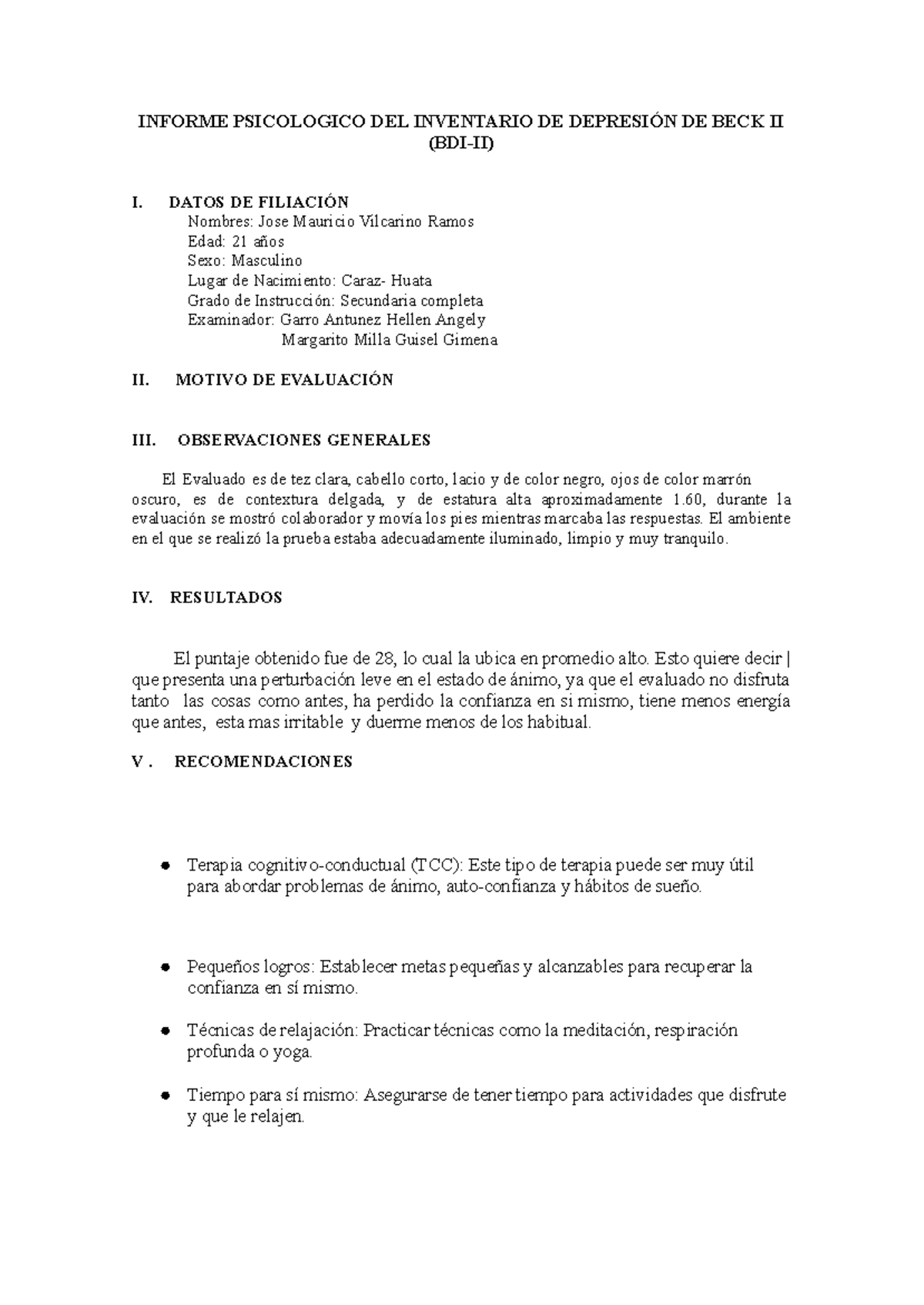 El Inventario de Depresión de Beck (IDB) - INFORME PSICOLOGICO DEL ...