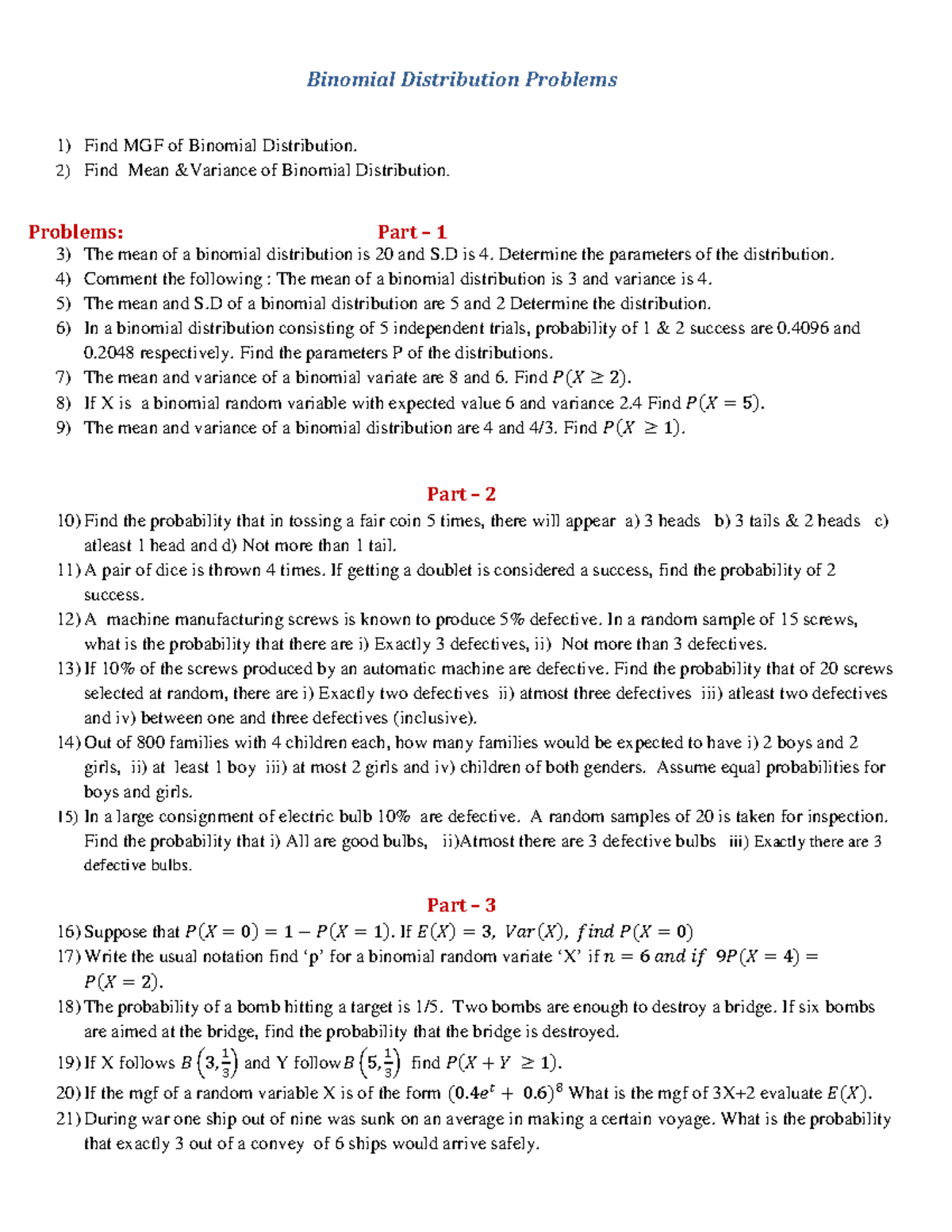 Binomial Distribution Problems - Find Mean &Variance of Binomial Distribution. Problems: Part ...