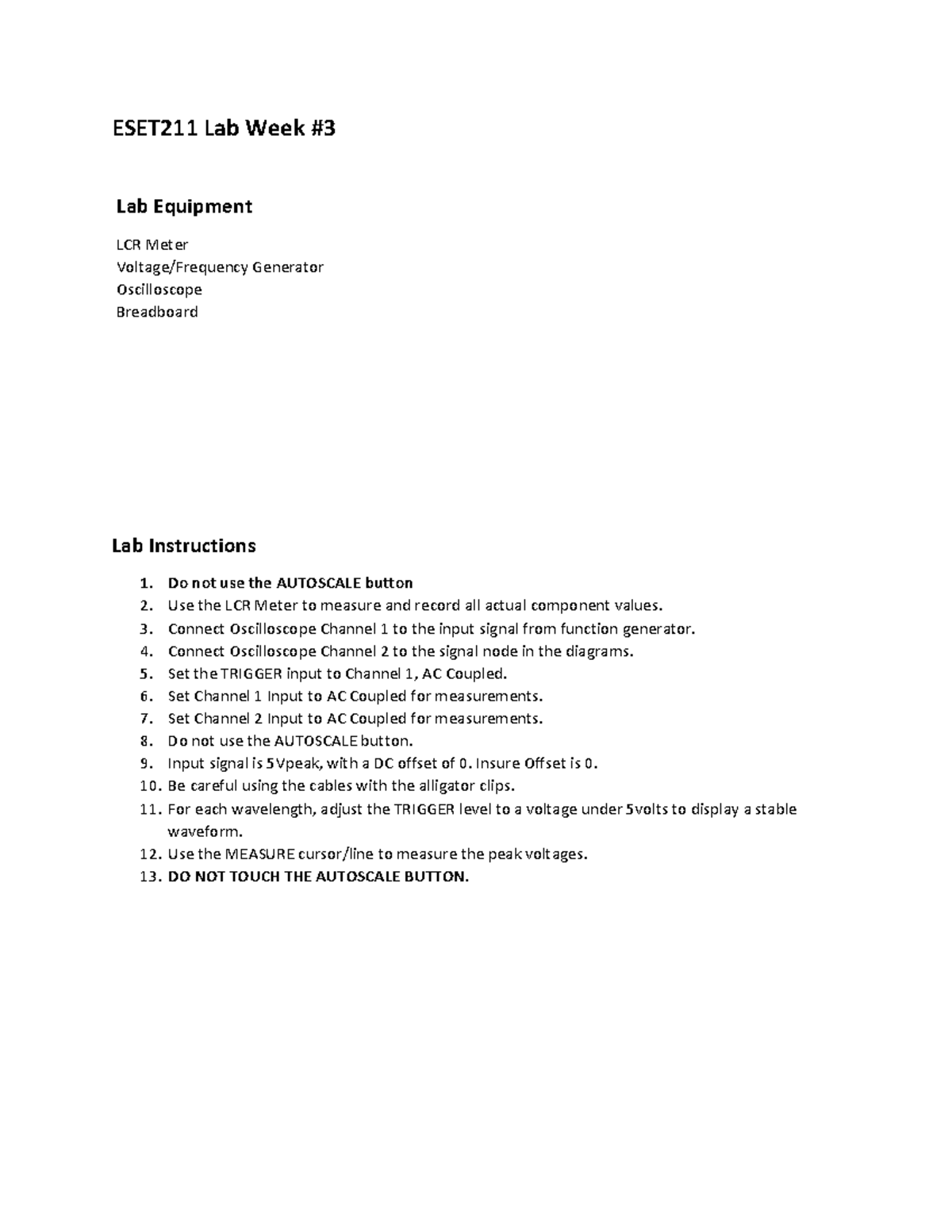 ESET211 Lab Protocol Week #3 - ESET211 Lab Week Lab Equipment LCR Meter ...