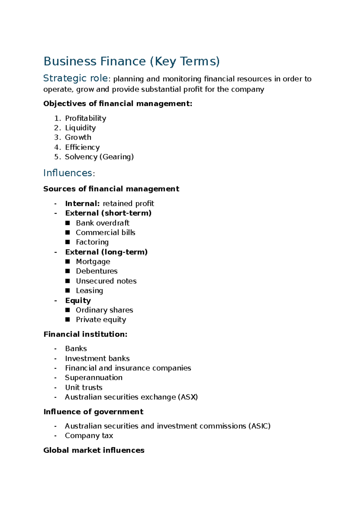 Business Finance (Key Terms) - Business Finance (Key Terms) Strategic ...