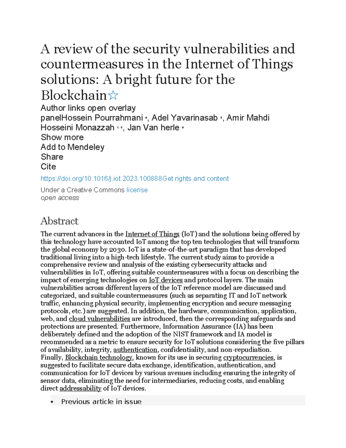 A Review Of The Security Vulnerabilities And Countermeasures In The Internet Of Things Solutions