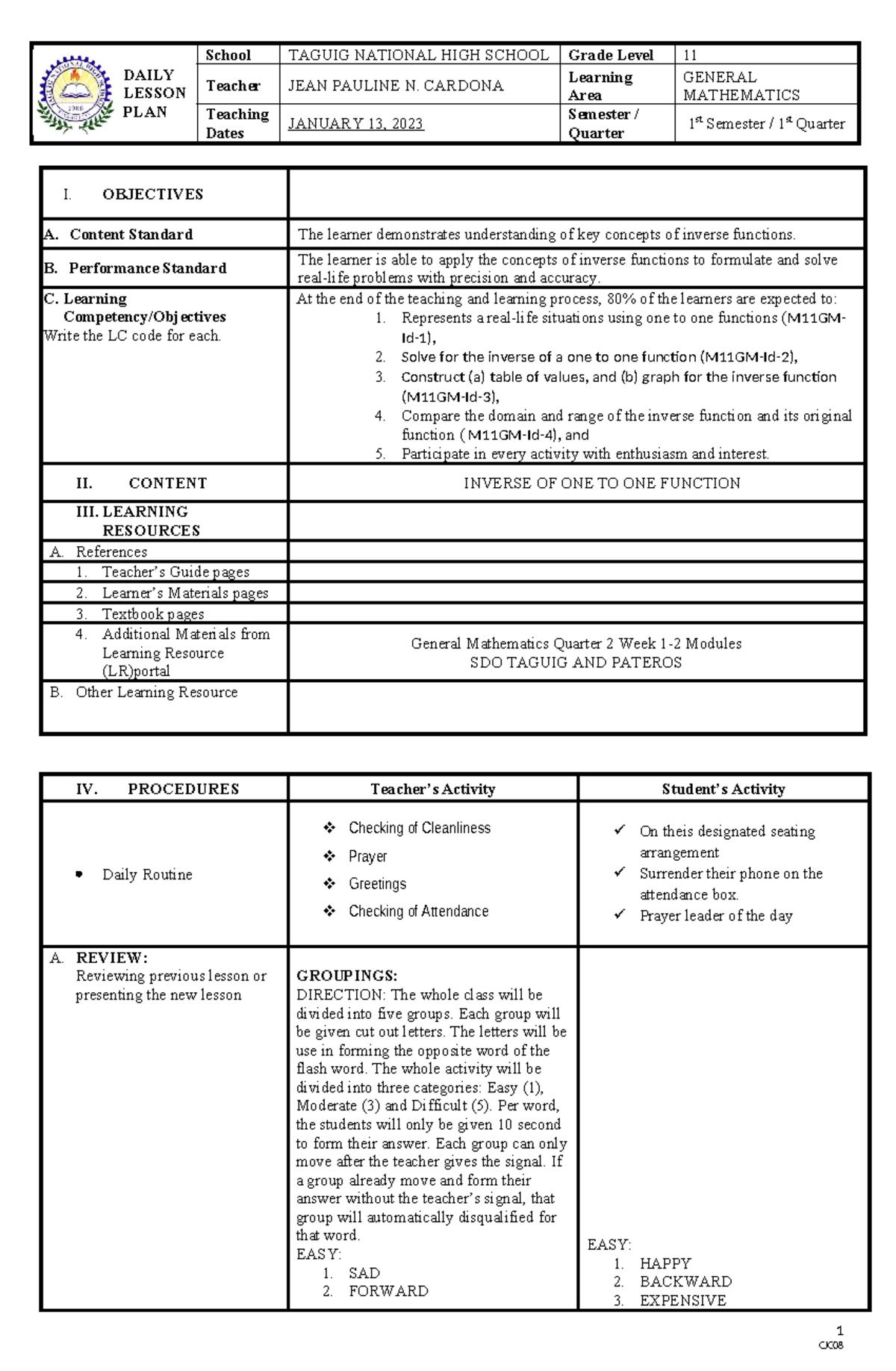 DEMO DLP SHS COT 1 - For COT - DAILY LESSON PLAN School TAGUIG NATIONAL ...