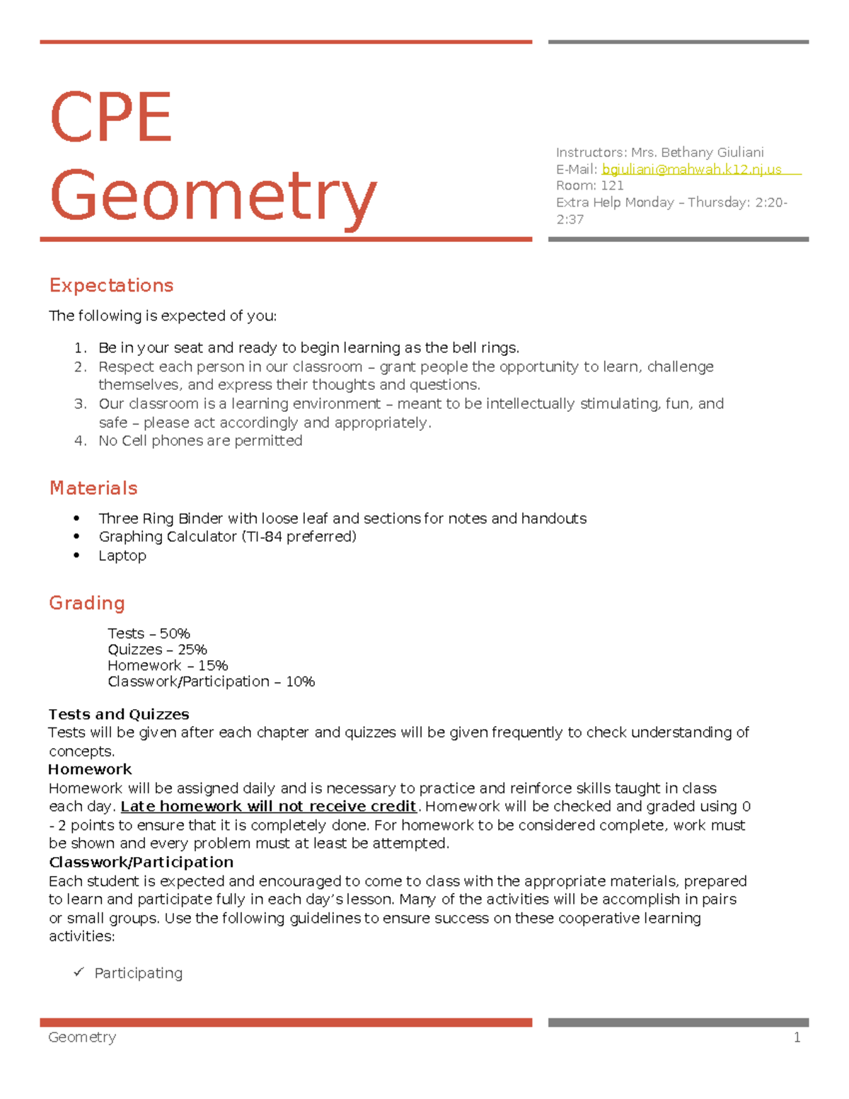 Geometry course syllabus - CPE Geometry Instructors: Mrs. Bethany ...
