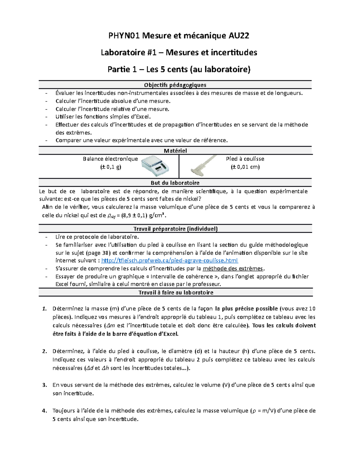Protocole - Labo 1 - Mesures et incertitudes - A22 - PHYN01 Mesure et ...