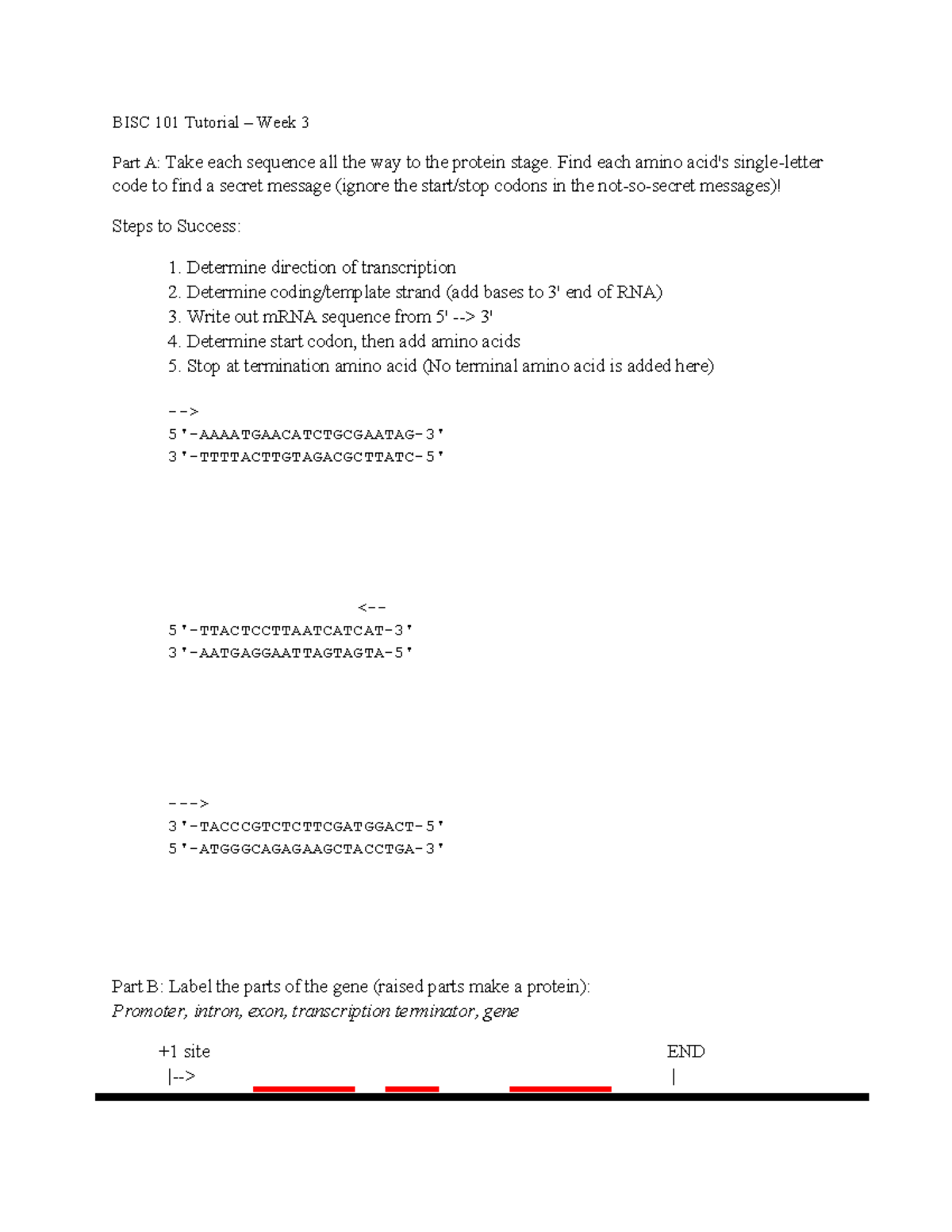 Tutorial 2 - Worksheet - BISC 101 Tutorial – Week 3 Part A: Take each ...