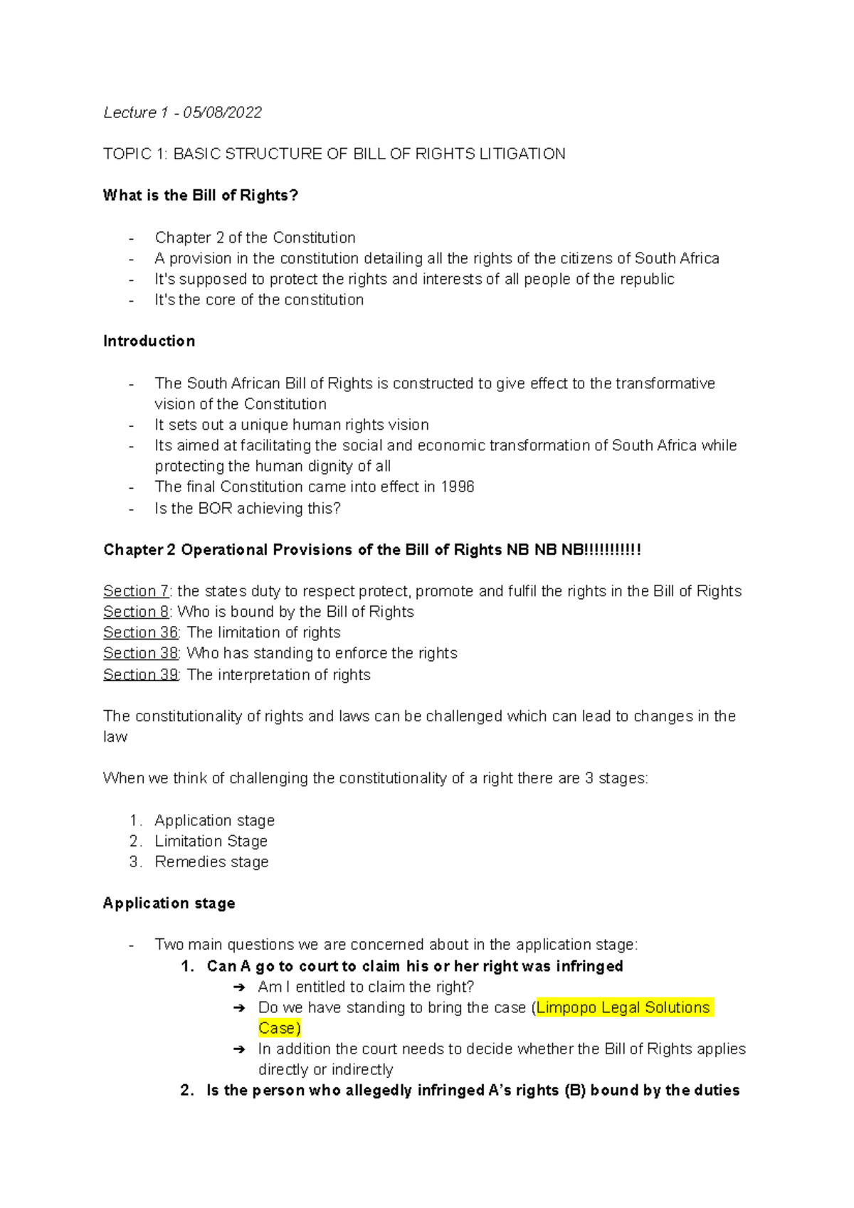Bill of Rights Second Semester Notes - Lecture 1 - 05/08/ TOPIC 1 ...