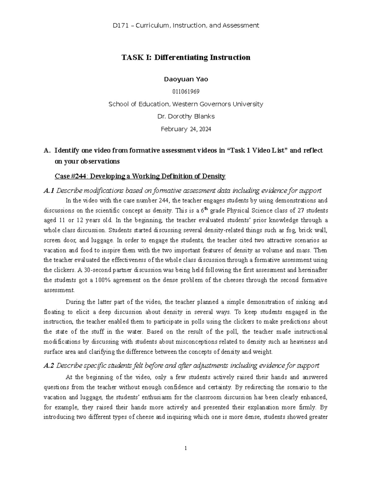 D171 TASK 1 Daoyuan Yao R1 - TASK I: Differentiating Instruction ...