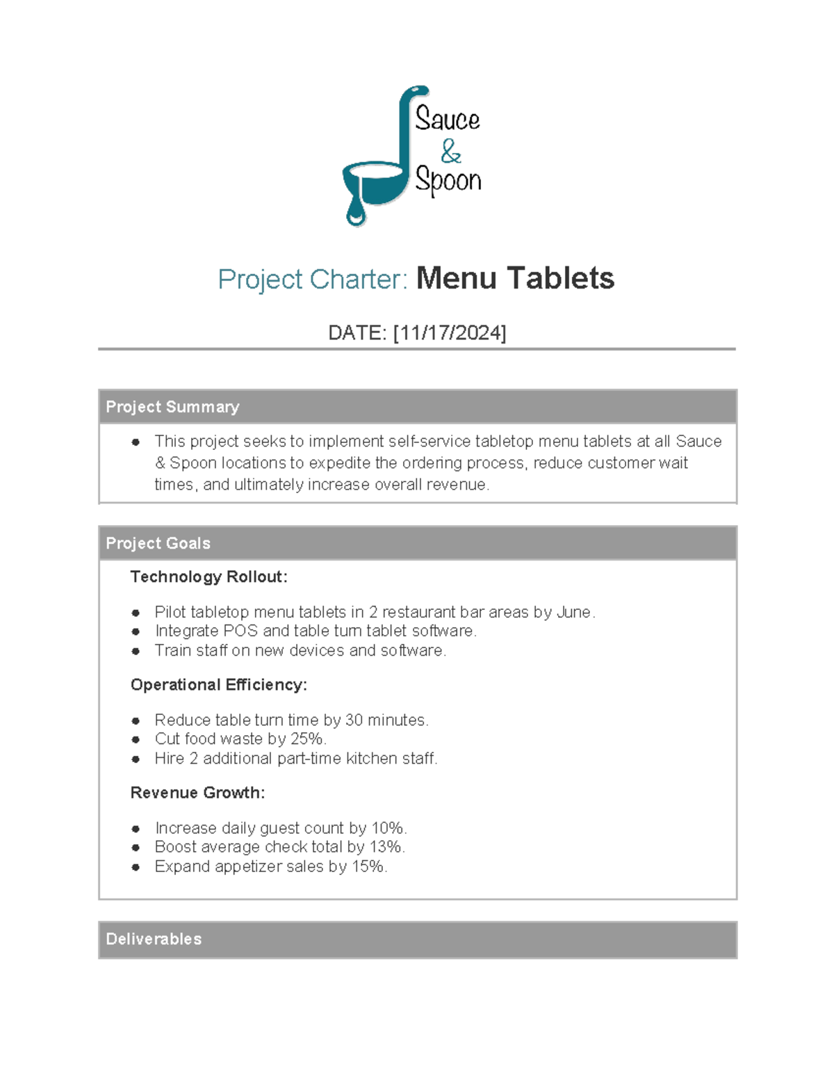 Activity Template Project Charter Crystal Mohamed - Project Charter: Menu Tablets DATE: [11/17 ...