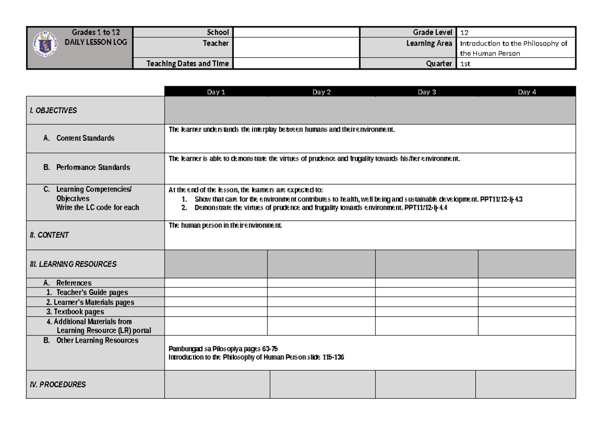 Week j - Prudence and Frugality - Grades 1 to 12 DAILY LESSON LOG ...
